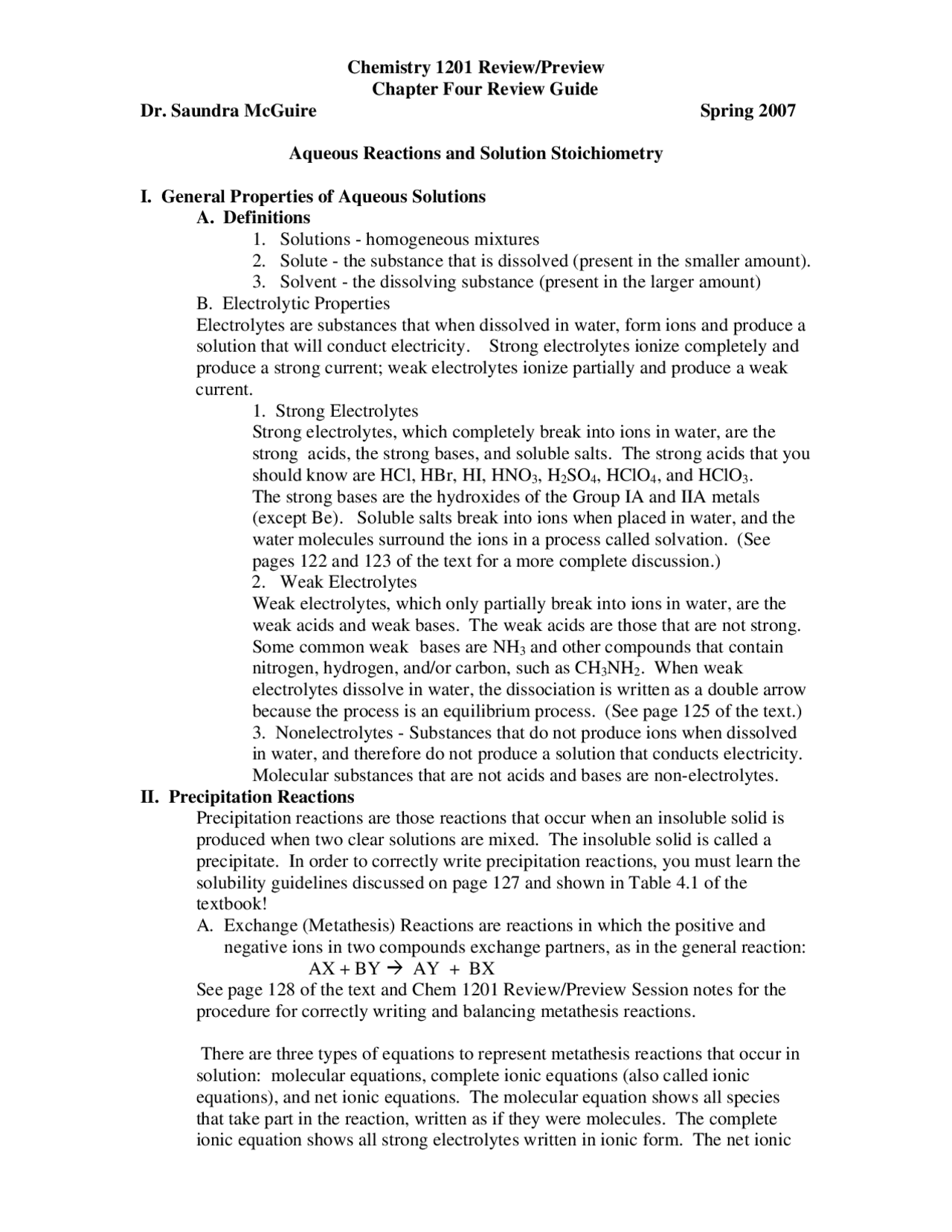 Aqueous Reactions And Solution Stoichiometry Review Guide Chem 1201