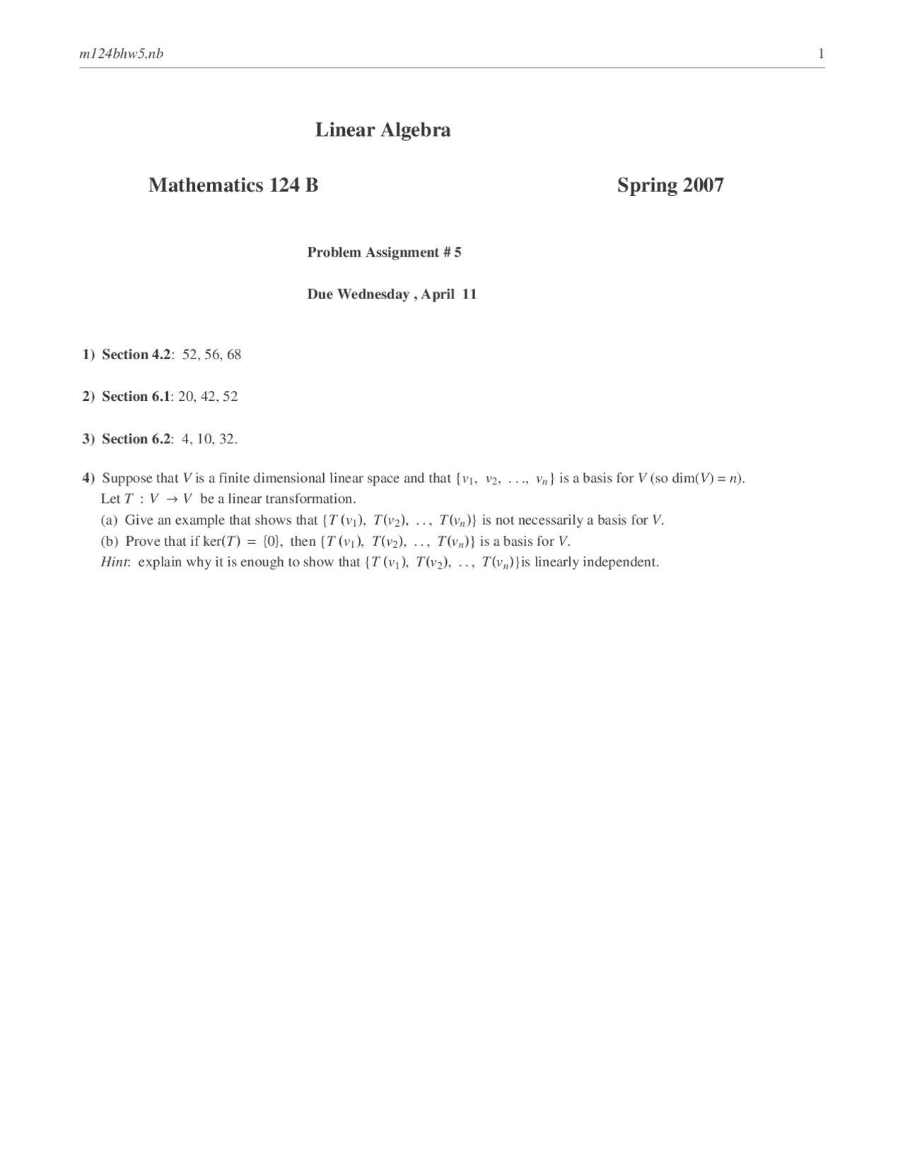 Linear Algebra Homework 5 Questions Math 124 Docsity