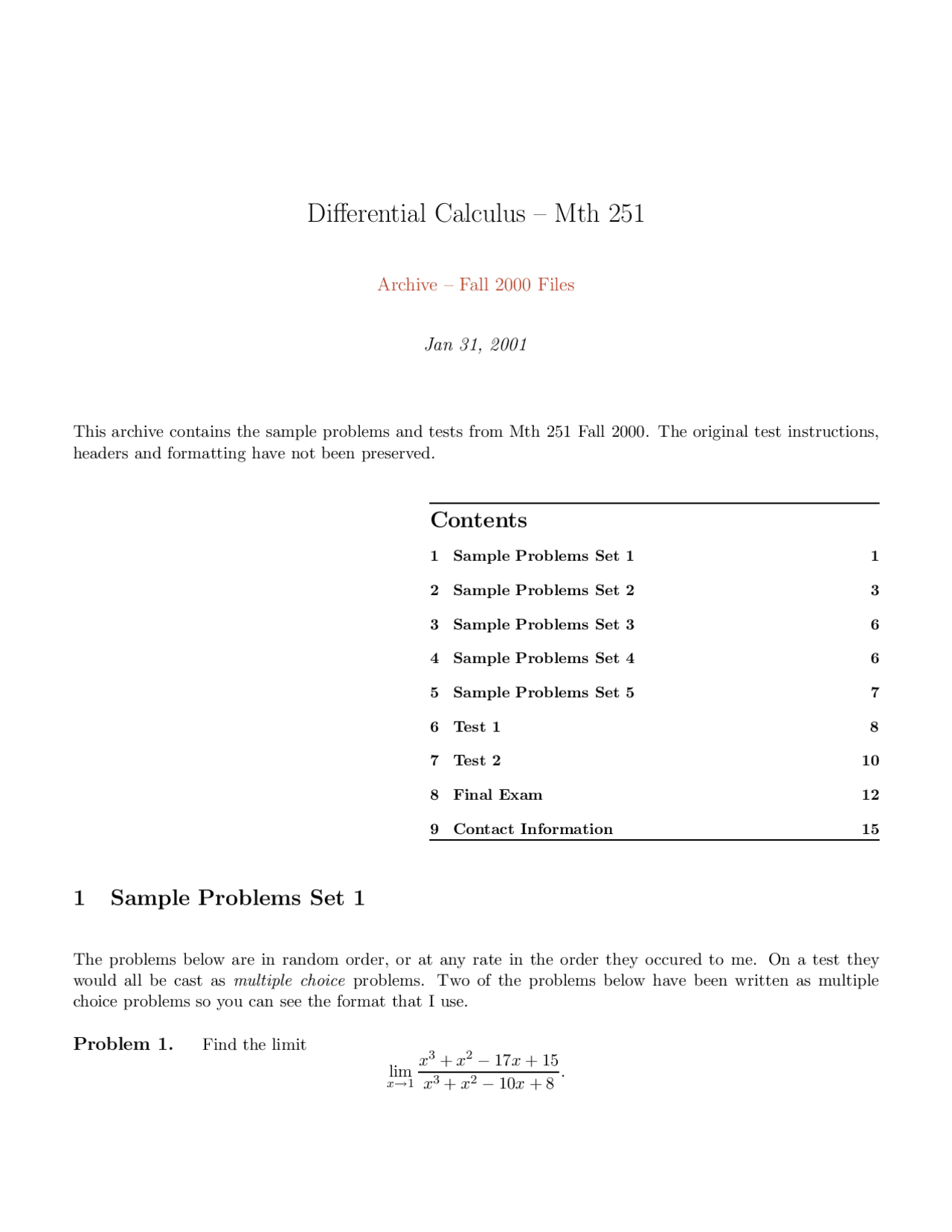 Exam 1 Differential Calculus Fall 2000 Mth 251 Docsity