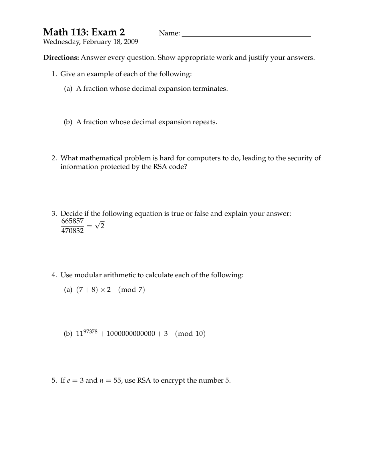 Practice Exam 2 - Mathematical Reasoning - Spring 2009 | MATH 113 ...