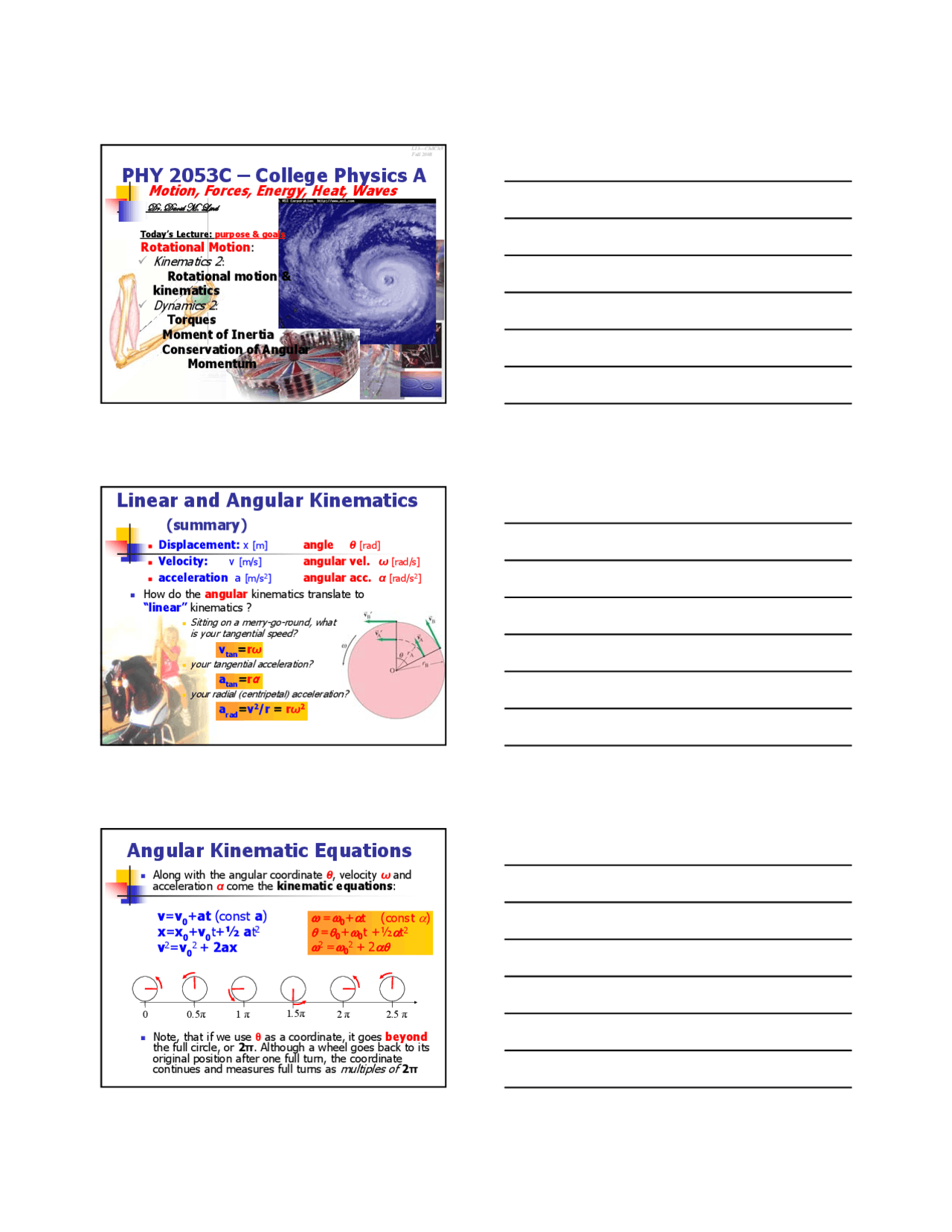 Lecture Slides On Linear And Angular Kinematics Phy 2053c Docsity