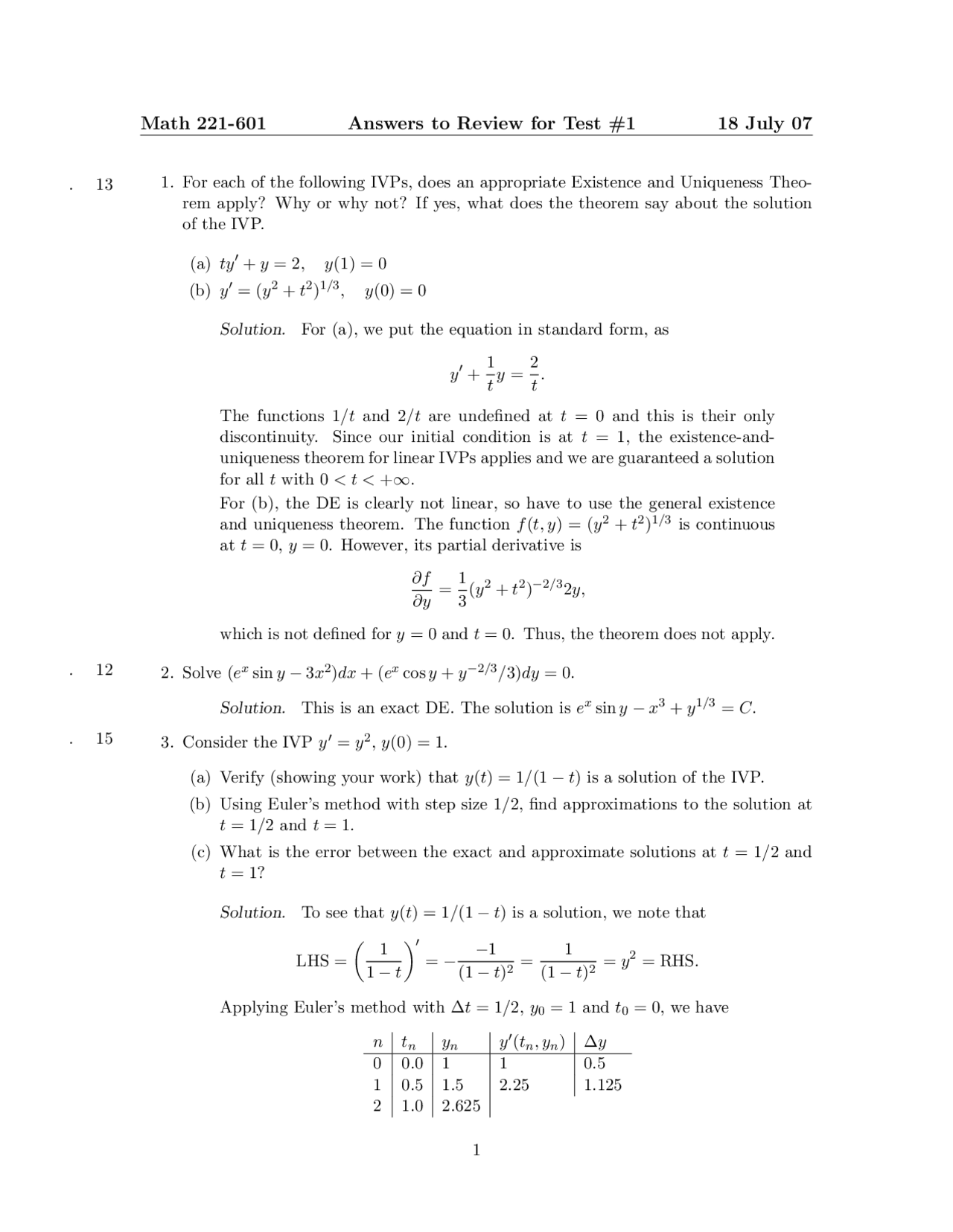 6 Questions On Differential Equations Examination 1 Fall 2007