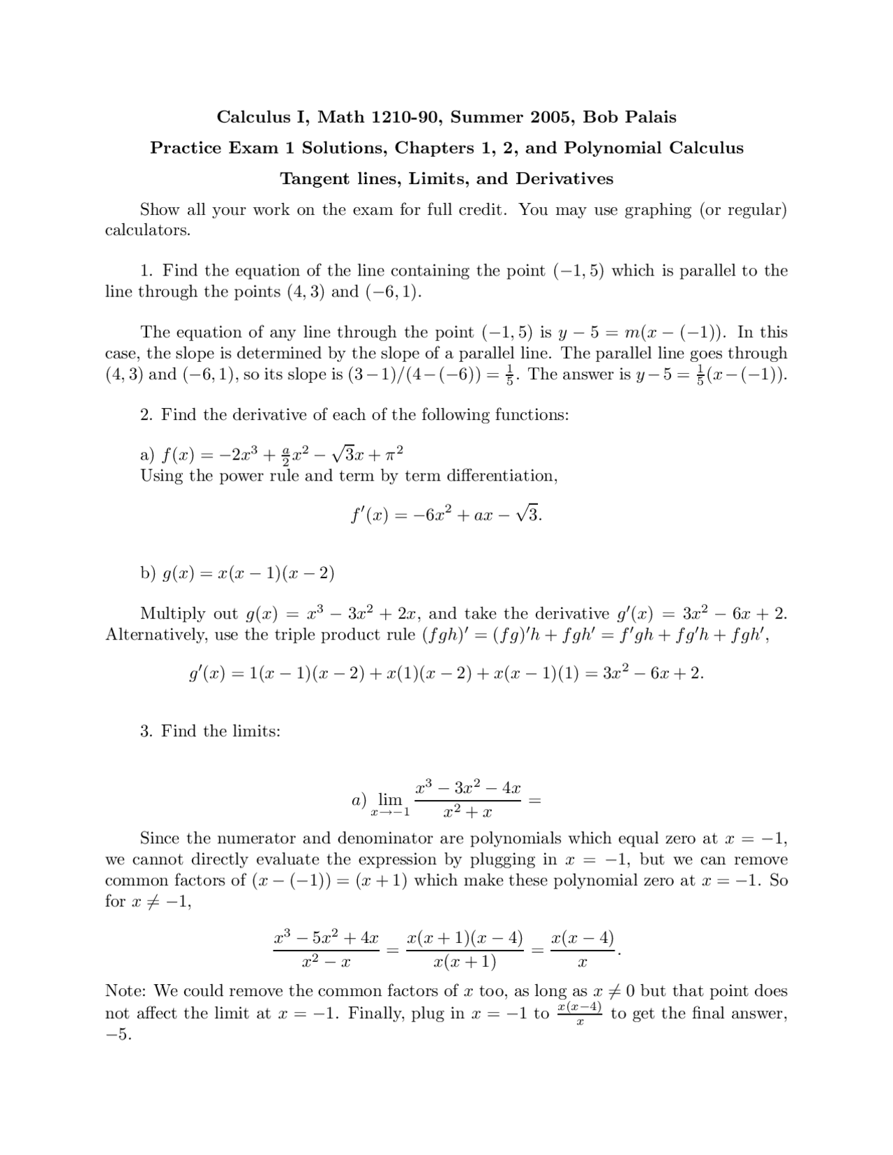 Practice Exam 1 Solutions - Calculus I - Fall 2005 | MATH 1210 | Exams Calculus | Docsity