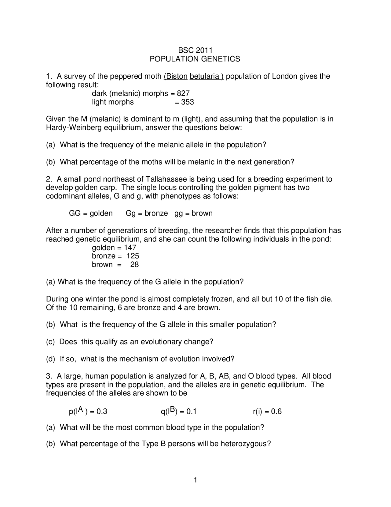 Questions With Answers Population Genetics Bsc 2011 Docsity
