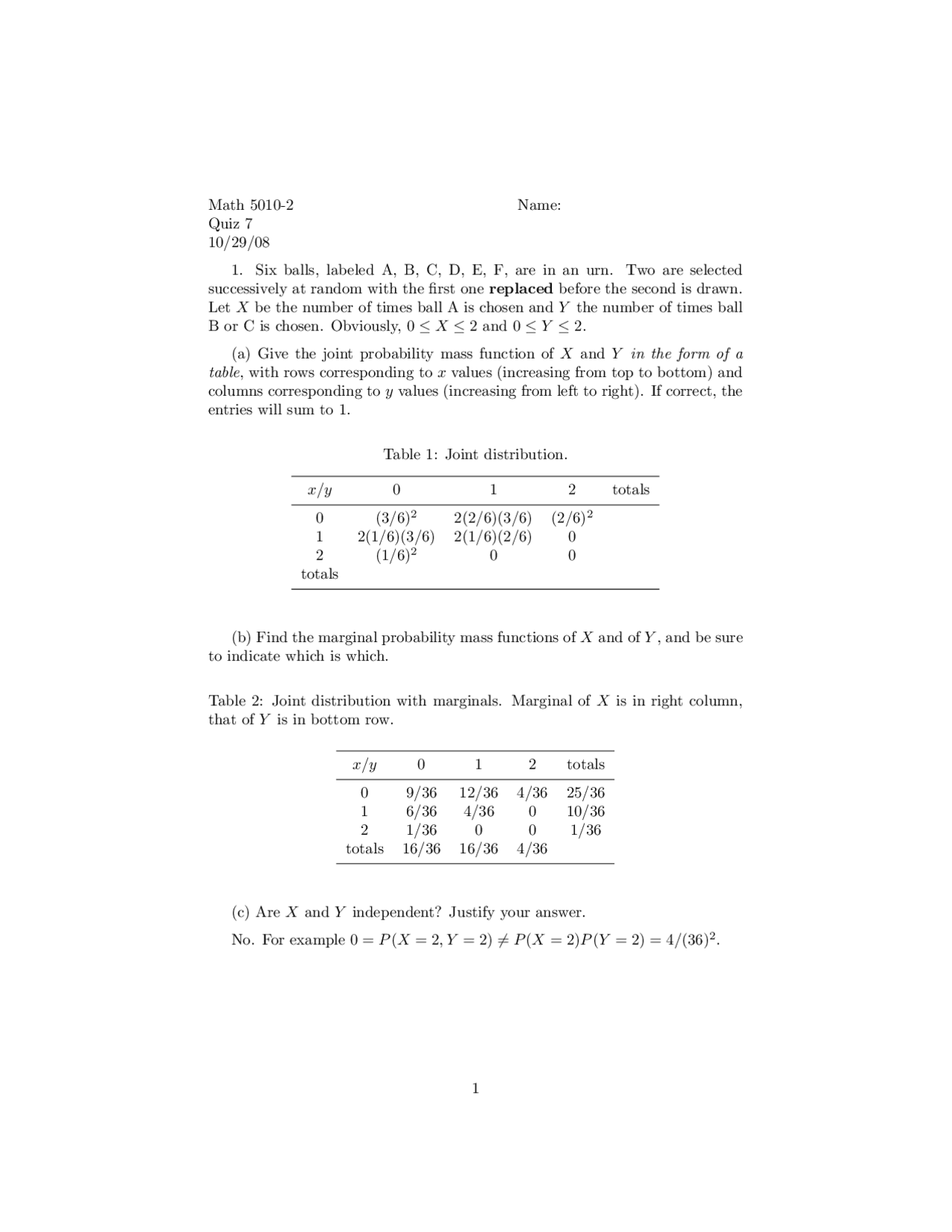 Find Joint Probability Mass Function - Quiz 7 | MATH 5010 - Docsity