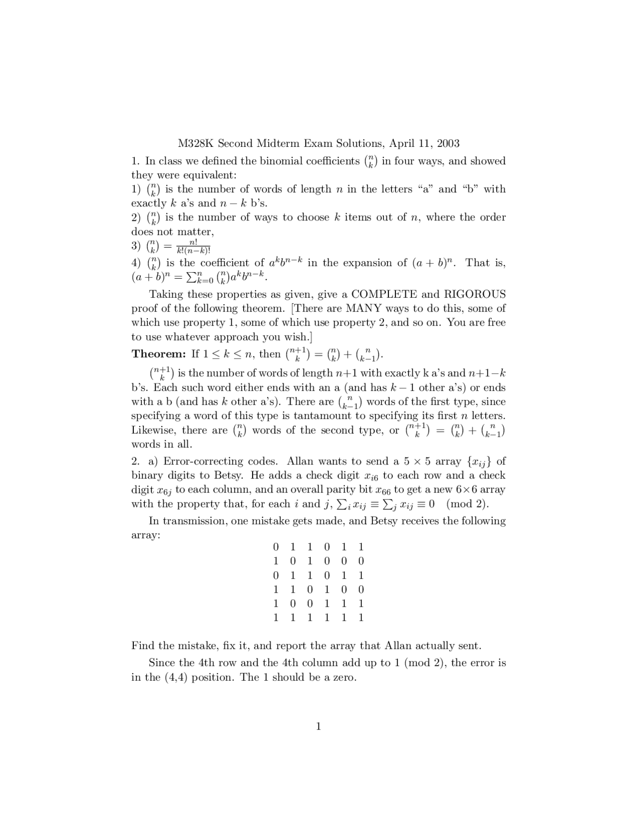Binomial Coefficients, Error-Correcting Codes, and Euler's Theorem ...