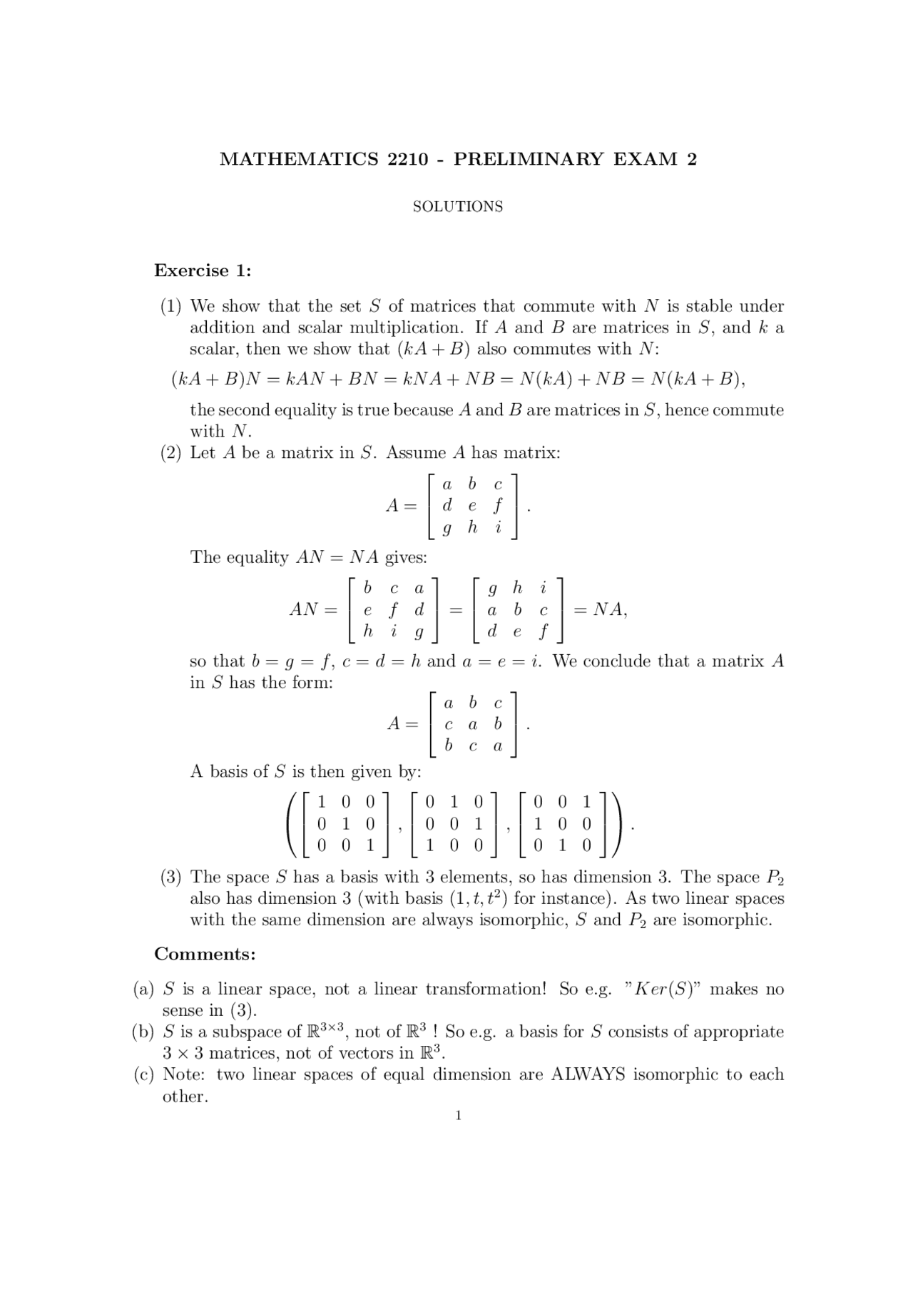 Solutions of Preliminary Exam 2 - Linear Algebra | MATH 2210 | Exams Linear Algebra | Docsity