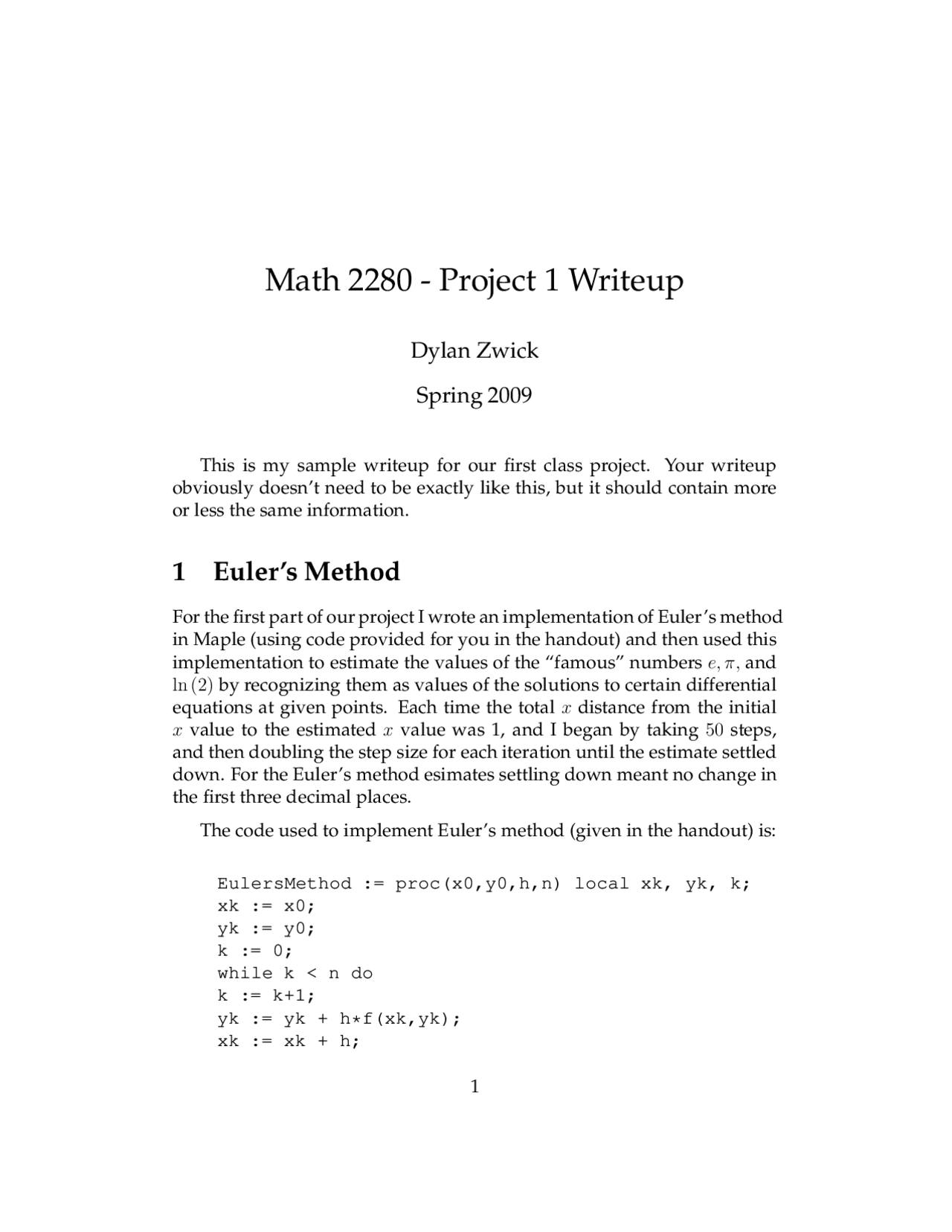 Writeup Project 1 Ordinary Differential Equations Math 2280 Docsity