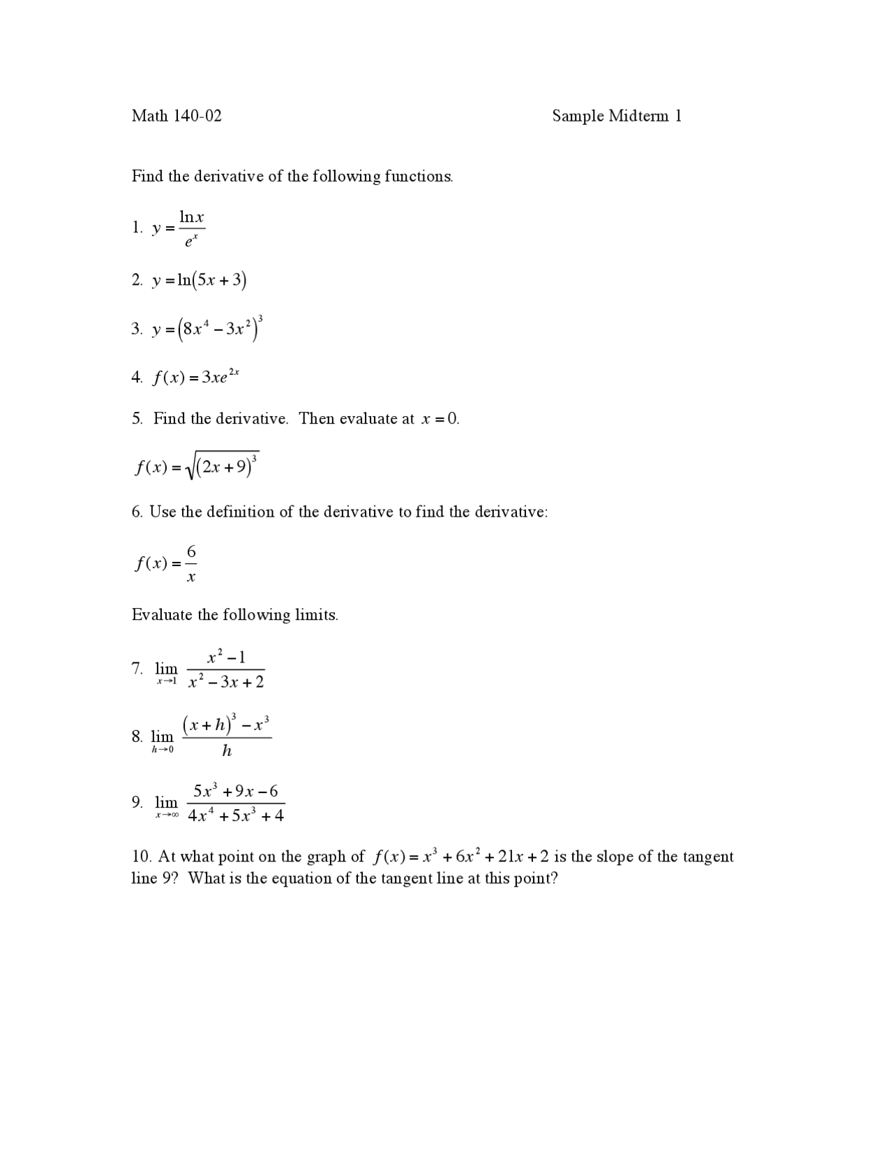 10 Problems to Find the Derivative Functions - Midterm Exam | Math 140 ...