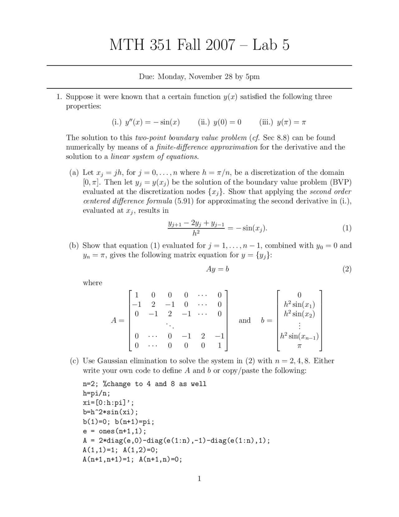 Introduction To Numerical Analysis Lab 5 Fall 2007 Mth 351 Docsity