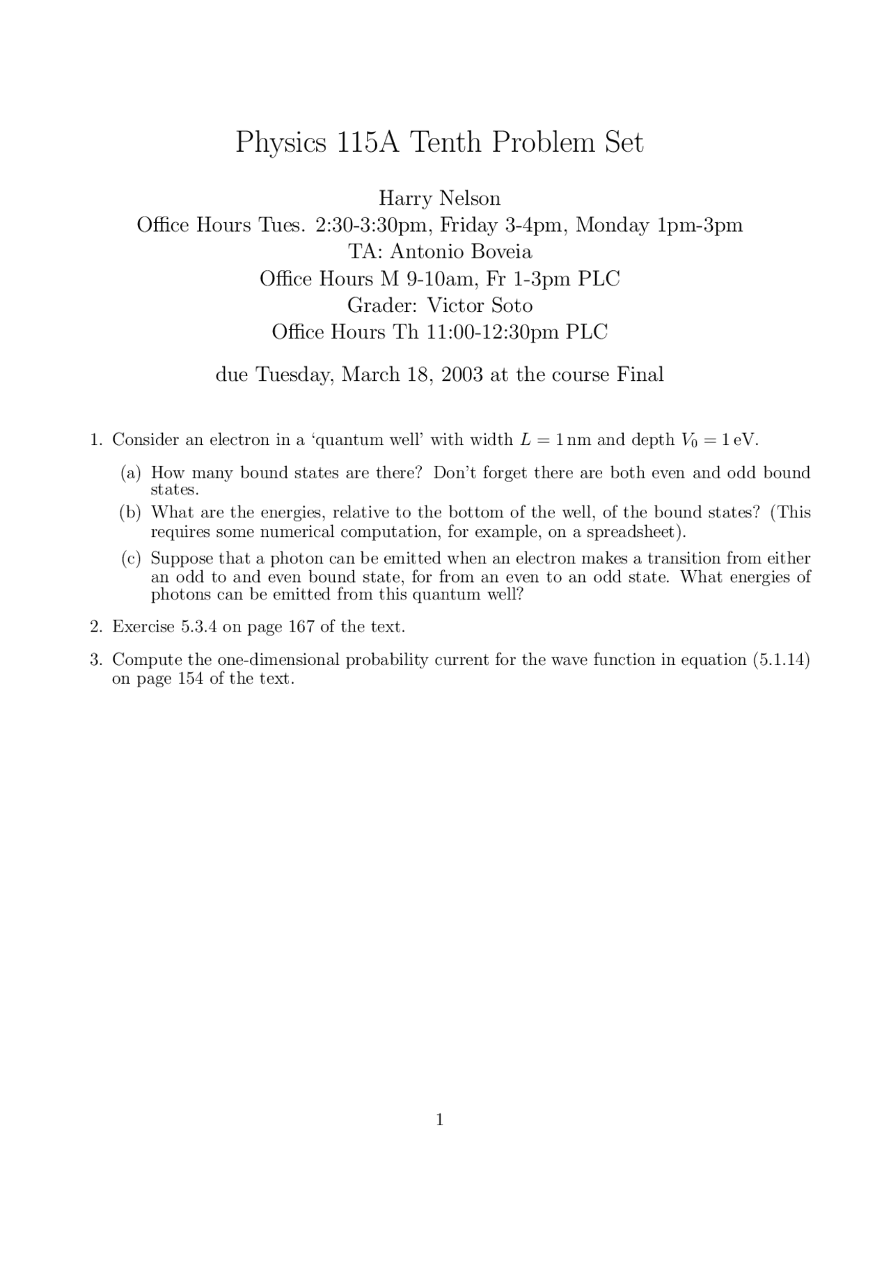 Problem Set 10 - Quantum Mechanics | PHYS 115A - Docsity