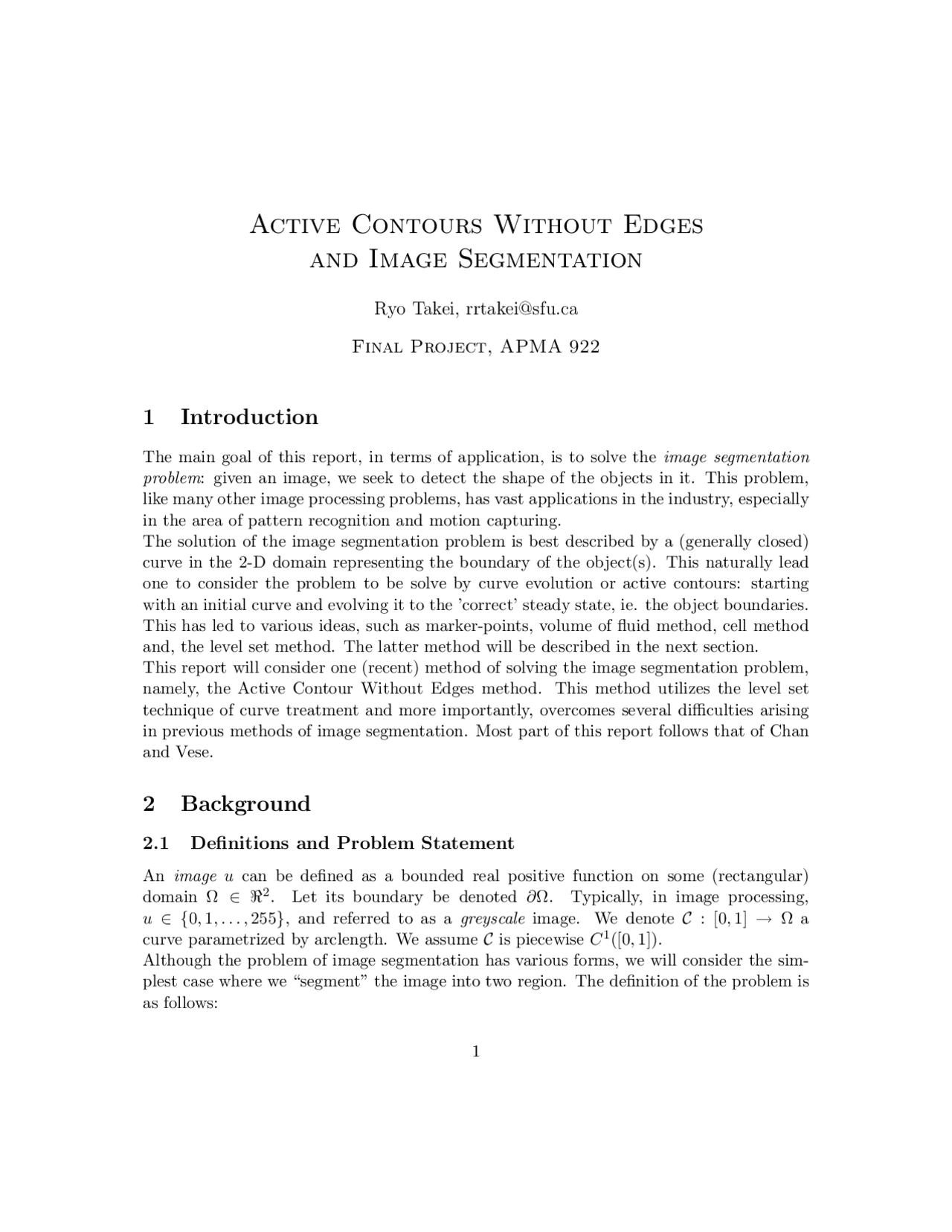 Active Contours Without Edges and Image Segmentation | MATH 0209A - Docsity