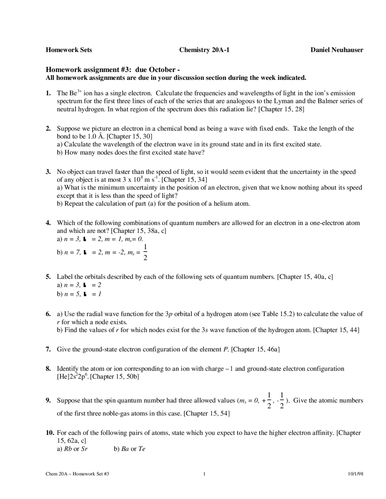 Practice Homework 3 Chemical Structure Chem 20a Docsity