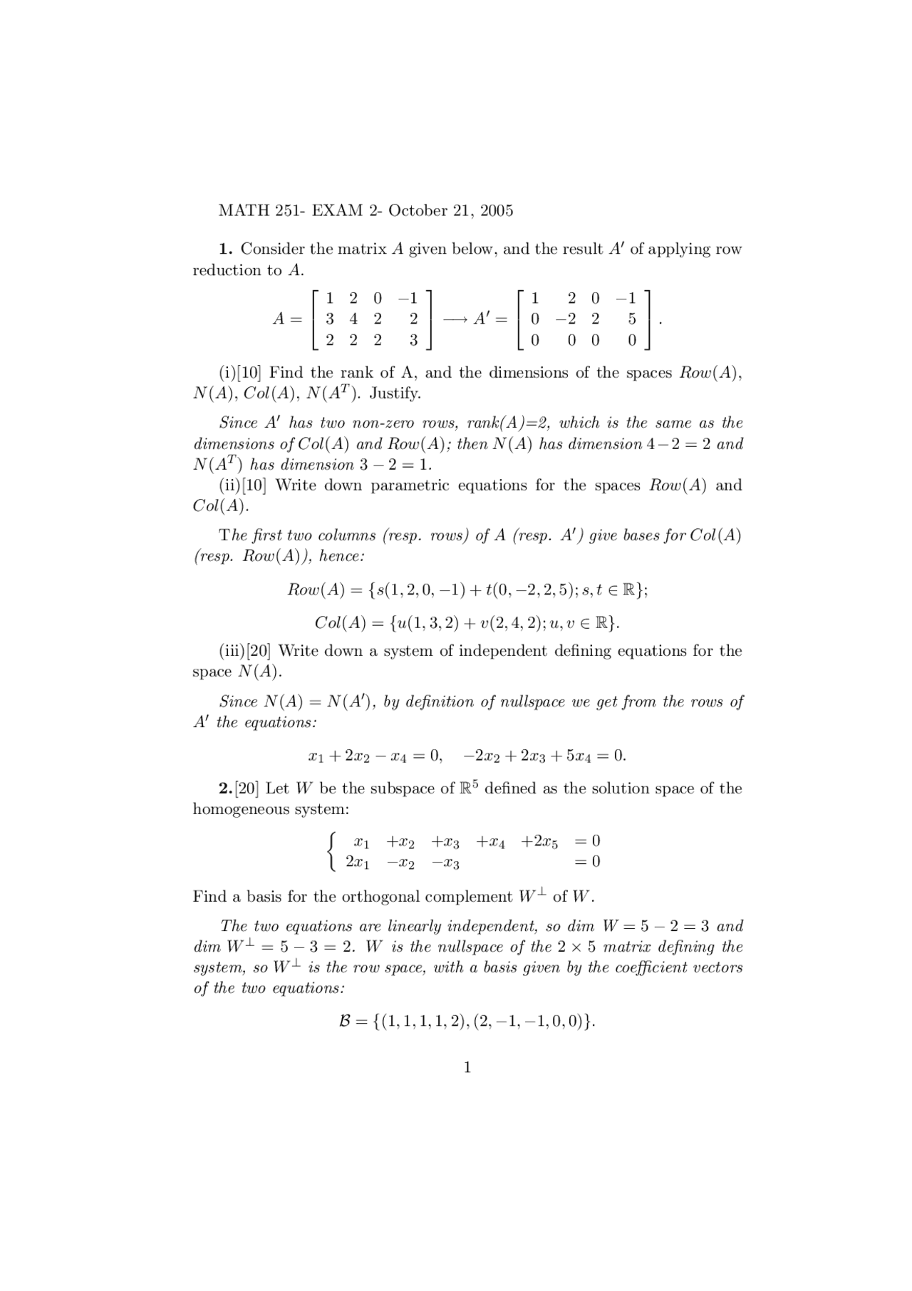 Matrix Algebra I - Exam #2 Questions | MATH 251 - Docsity