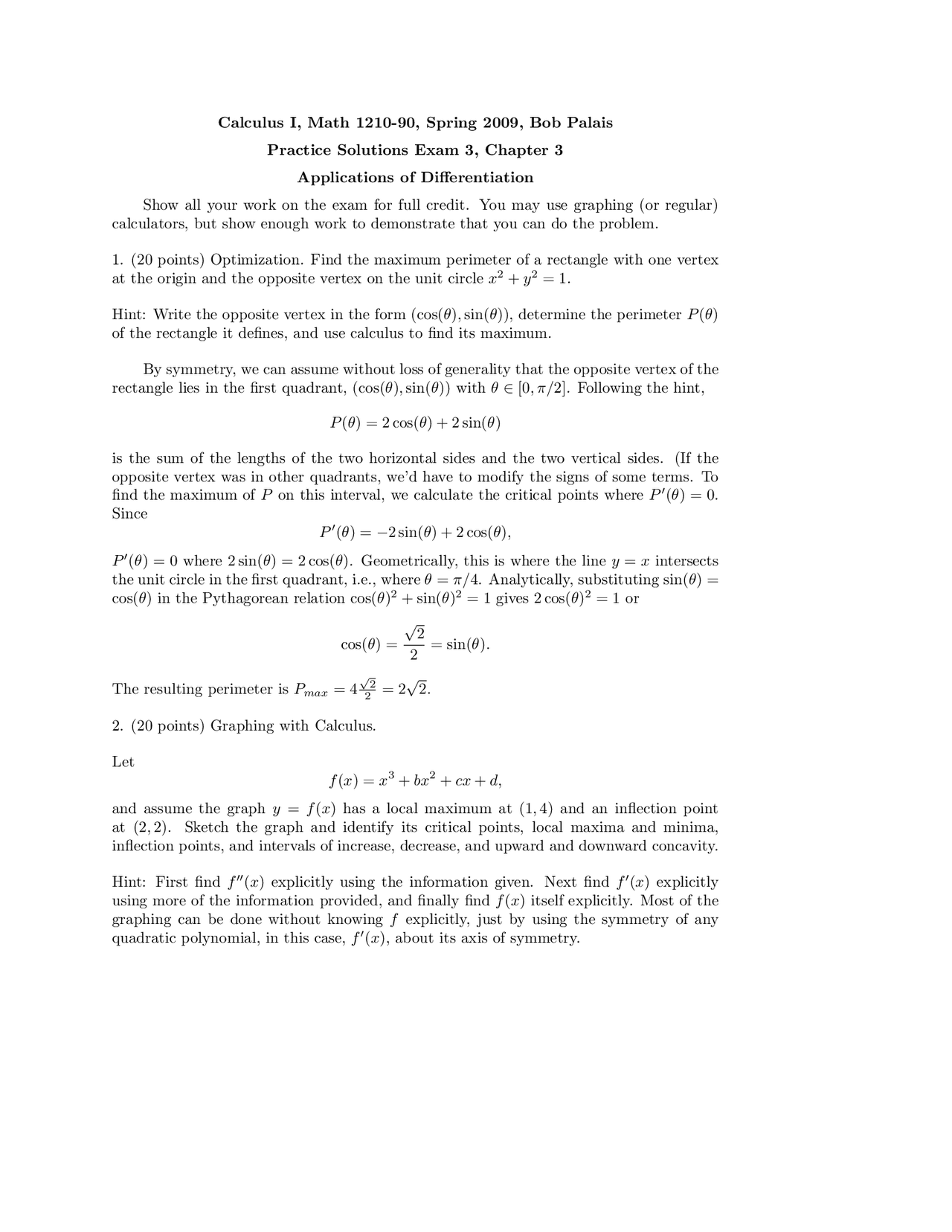 Practice Solutions Exam 3 Calculus I Math 1210 Docsity