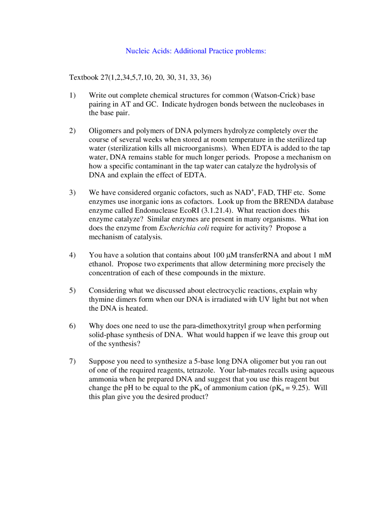 Additional Practice Problems On Nucleic Acids Mcdb 27 Docsity
