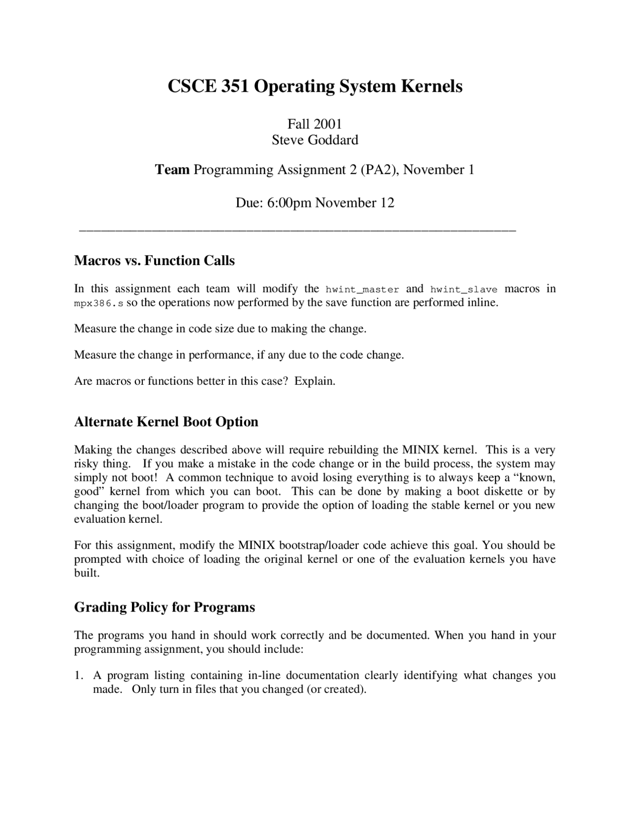 Programming Assignment 2 For Operating System Kernels Csce 351 Docsity