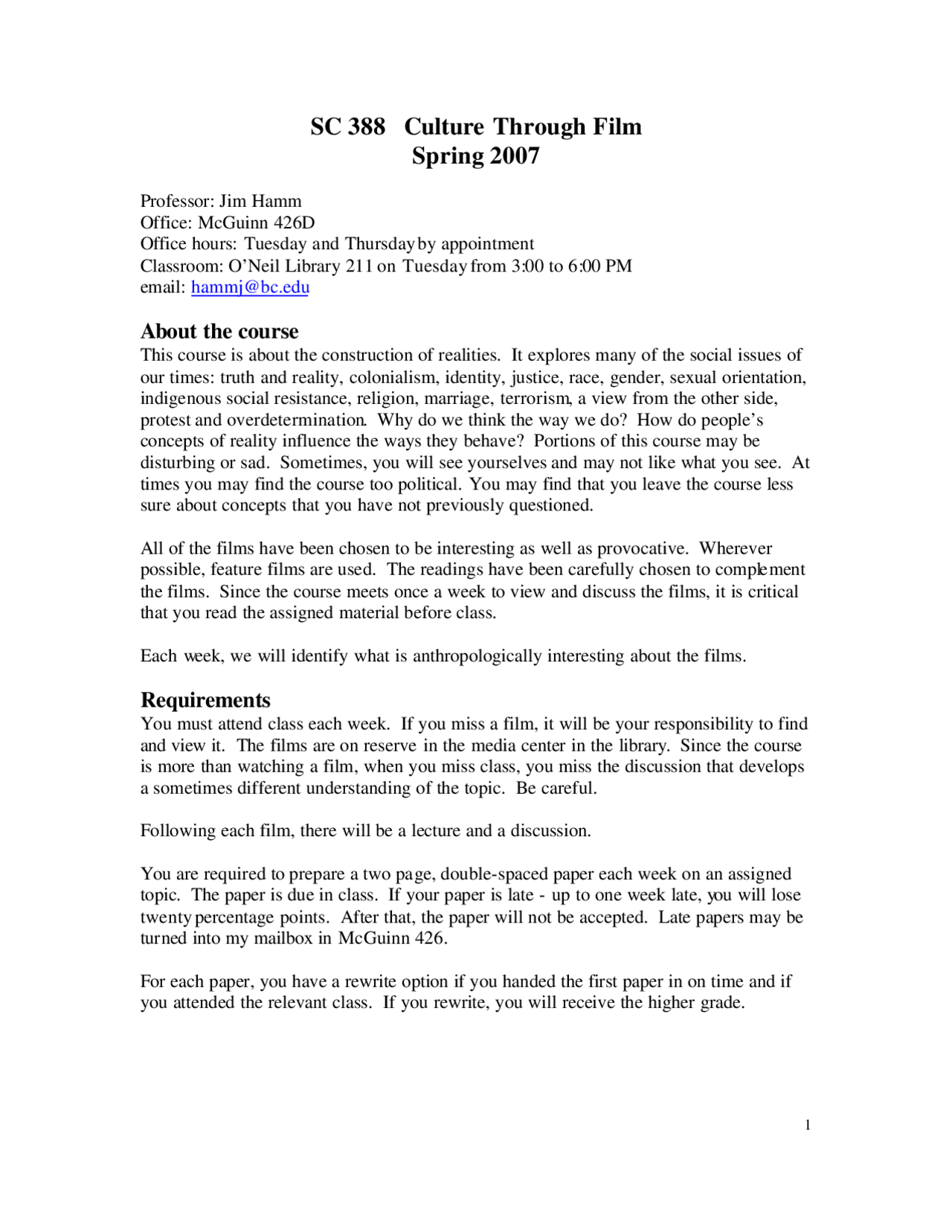Course Syllabus Culture Through Film Sc 388 Docsity