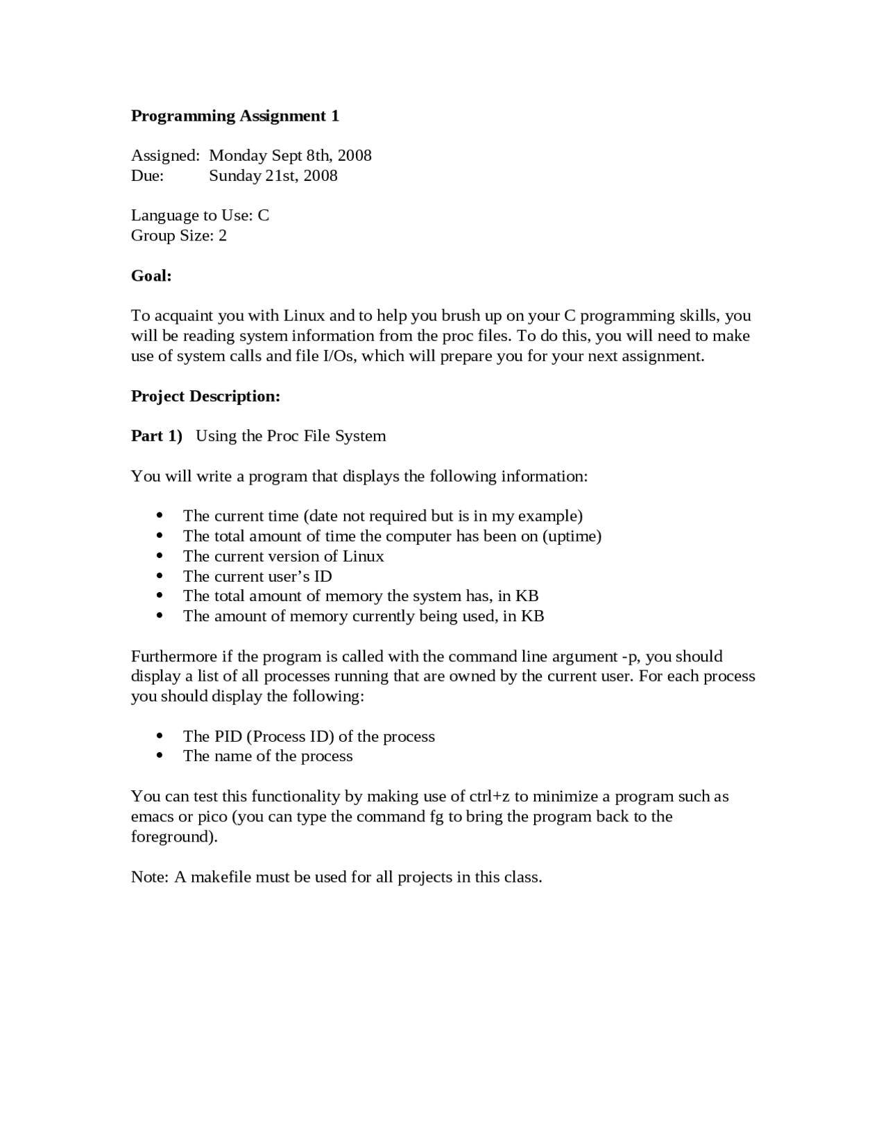 Programming Assignment 2 Operating Systems Fall 2008 Cop 4610