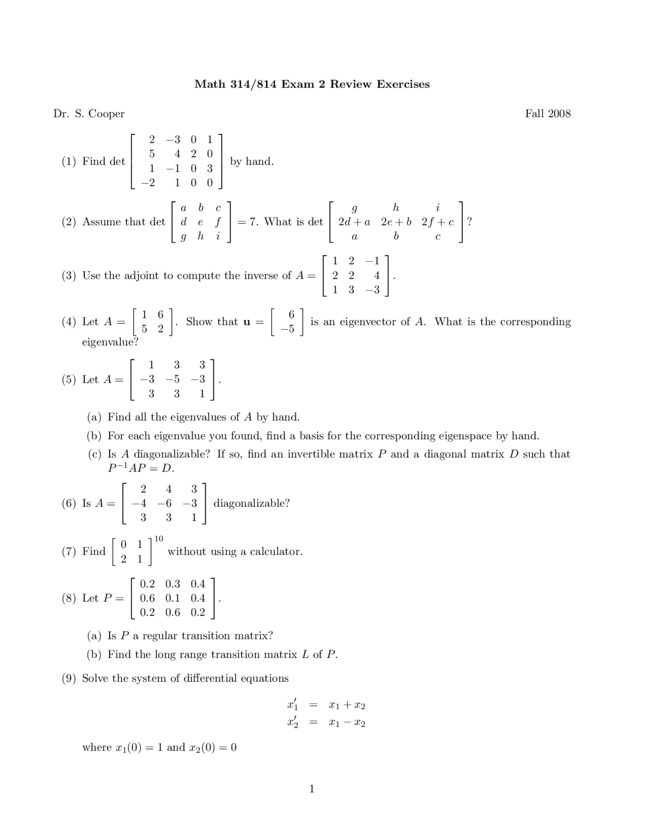 Exam 2 Review Exercises Applied Linear Algebra Matrix Theory Math