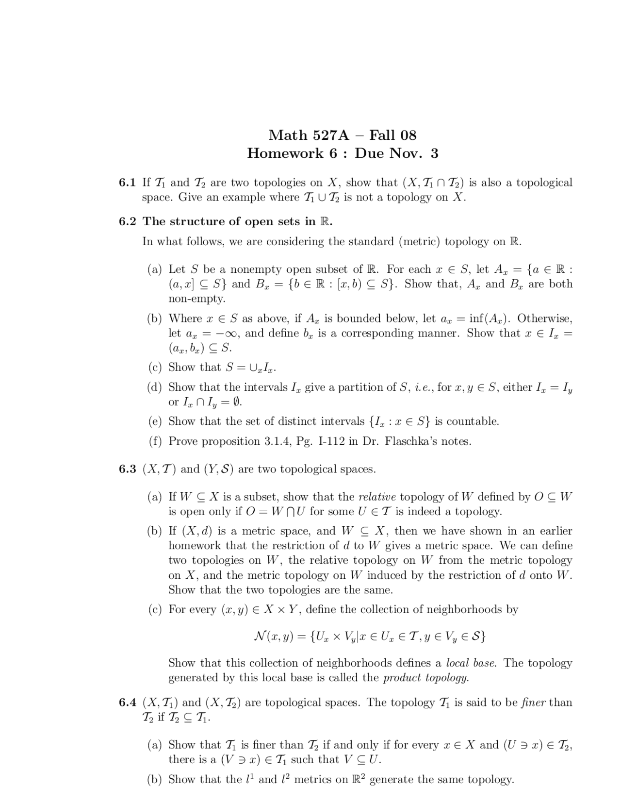 Homework 6 Questions Unsolved Principles Of Analysis Math 527a