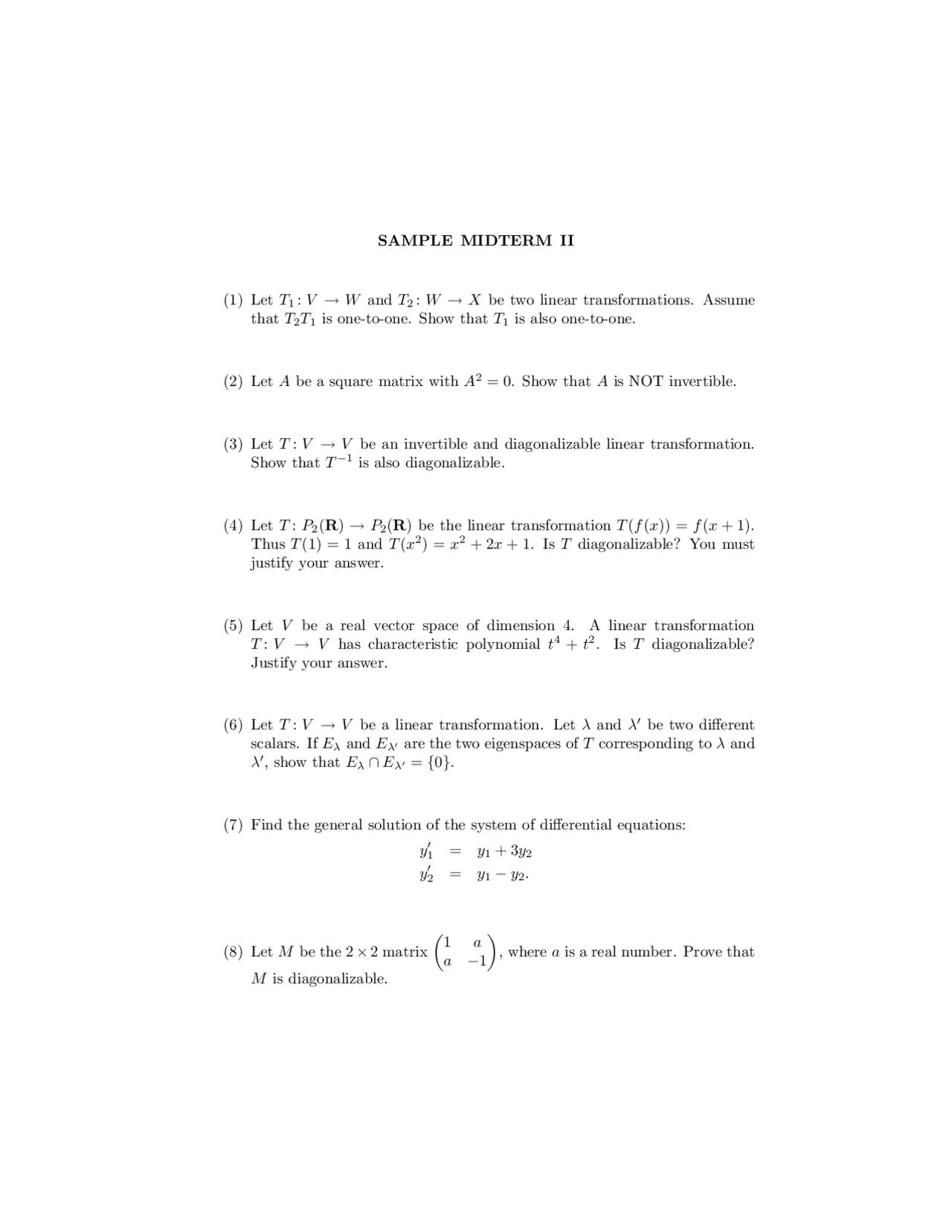 Sample Midterm Exam II - Linear Algebra | MATH 115A - Docsity