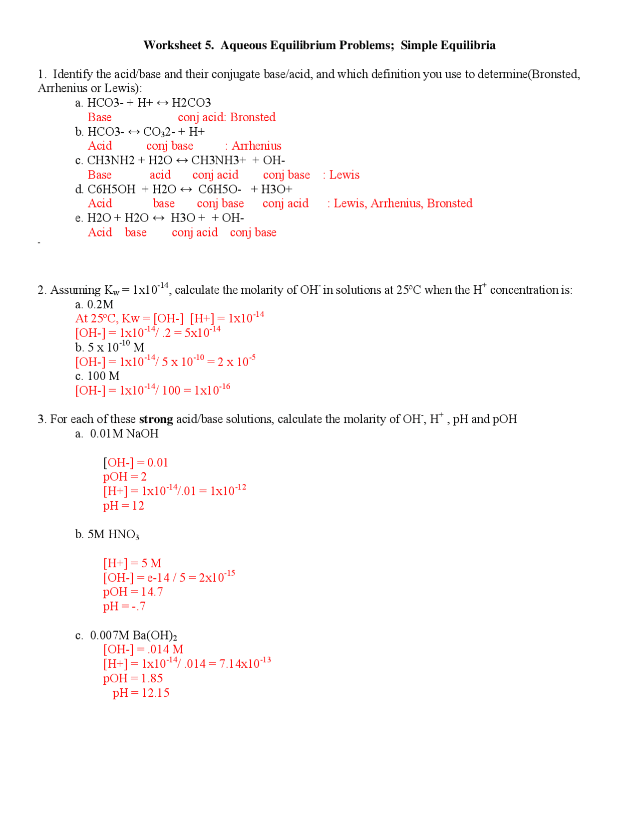 8 Problems On Aqueous Equilibrium Worksheet 5 Ch 302 Docsity