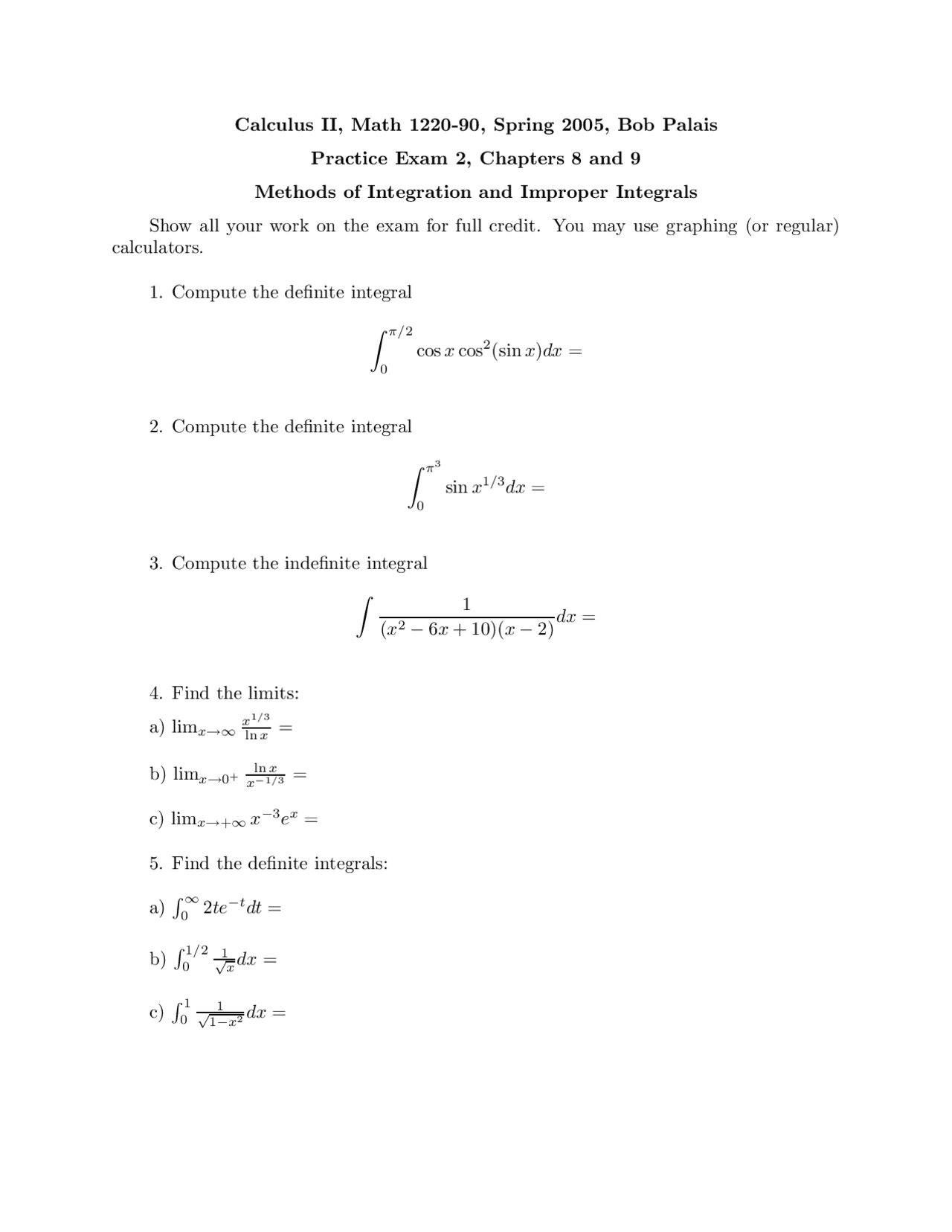 Problems On Definite And Indefinite Integrals Exam Math 1220 Docsity