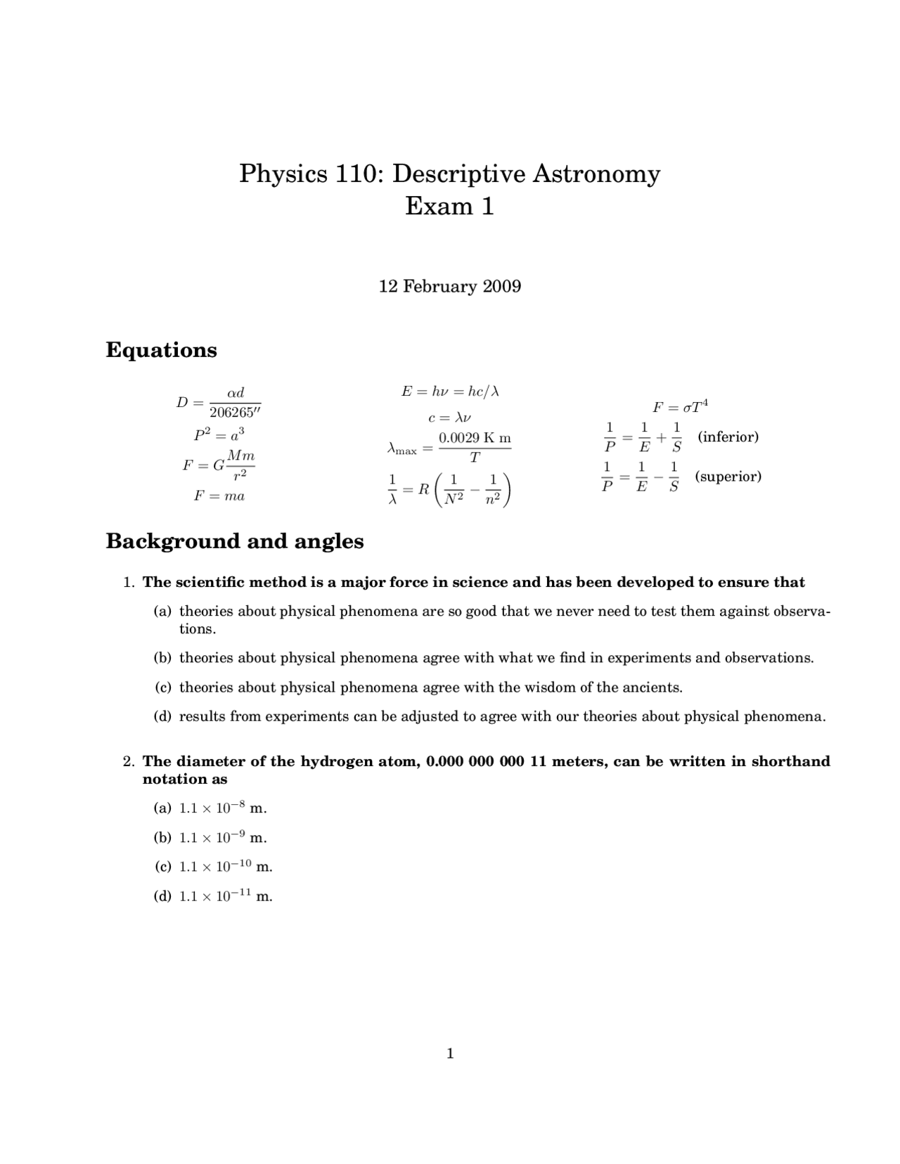 50 Multiple Choice Question Of Descriptive Astronomy Exam 1 Phy 110