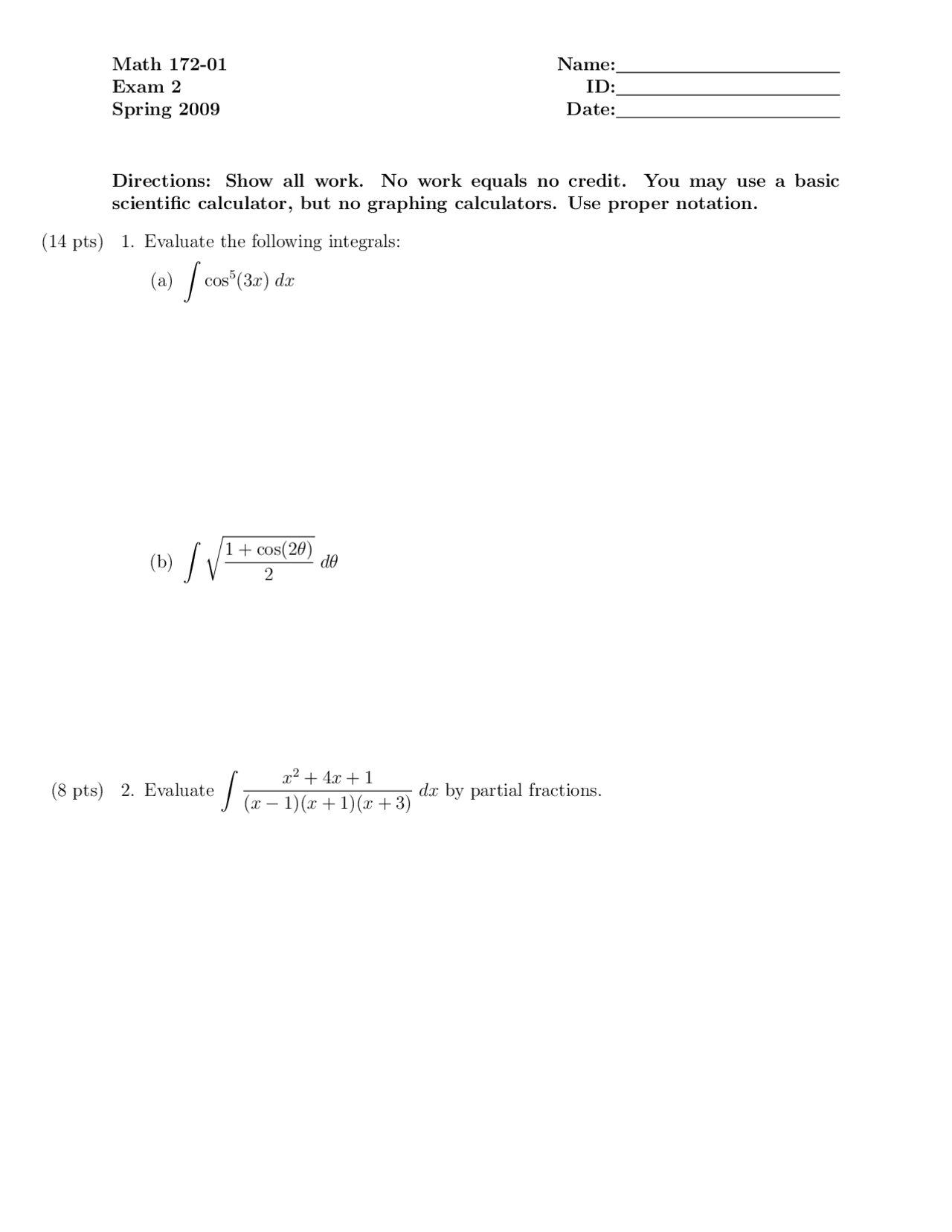 Exam 2 for Practice - Calculus II | Math 172 - Docsity