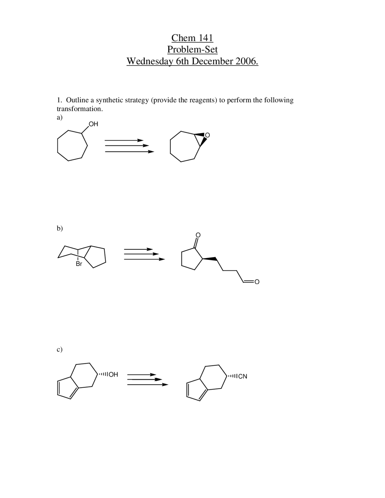 Problem Set For Organic Chemistry 1 Chem 141 Docsity