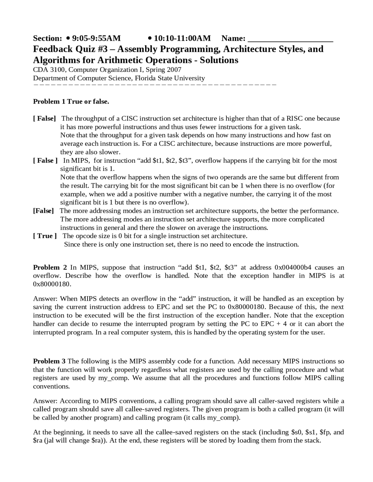 Quiz 3 Solution - Assembly Programming - Computer Organization I | CDA 3100 - Docsity