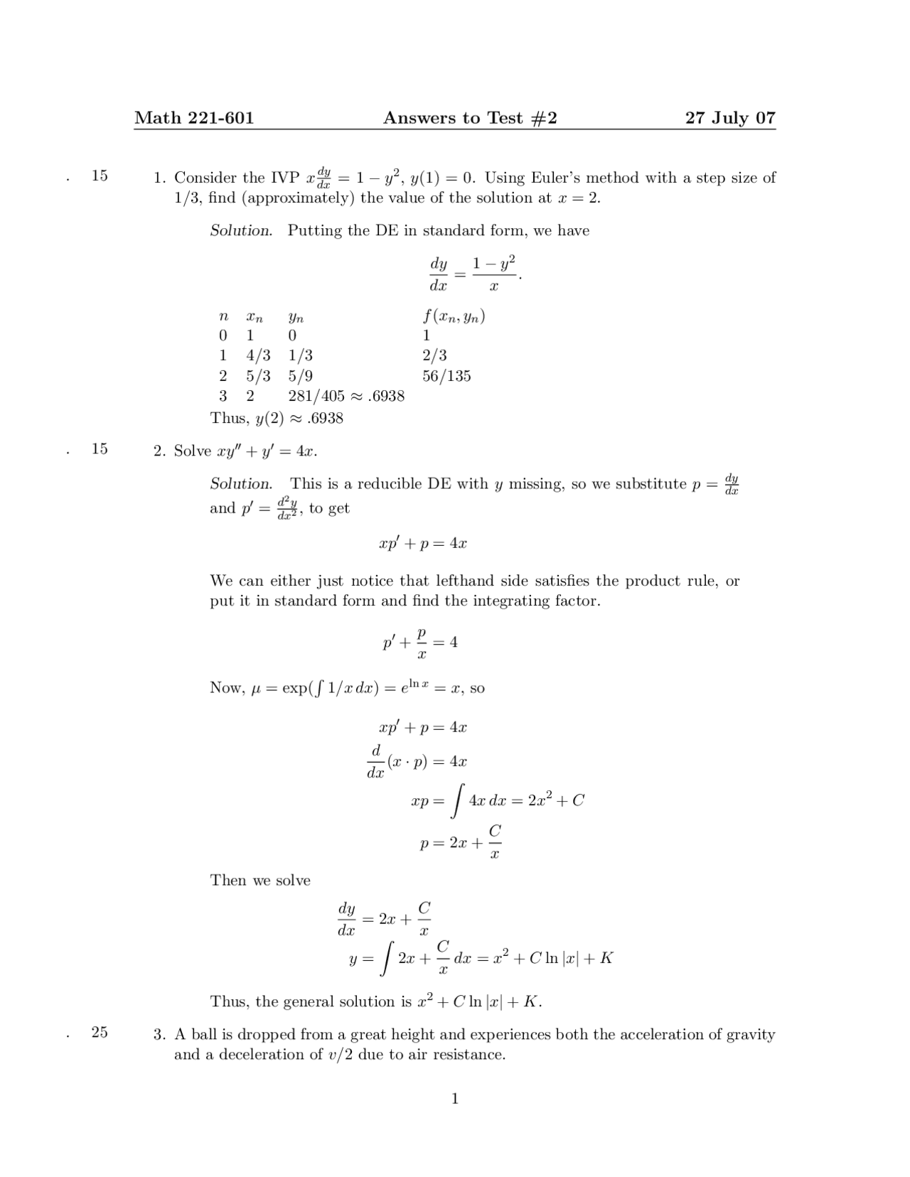 Test 2 with Answers for Differential Equations | MATH 221 - Docsity