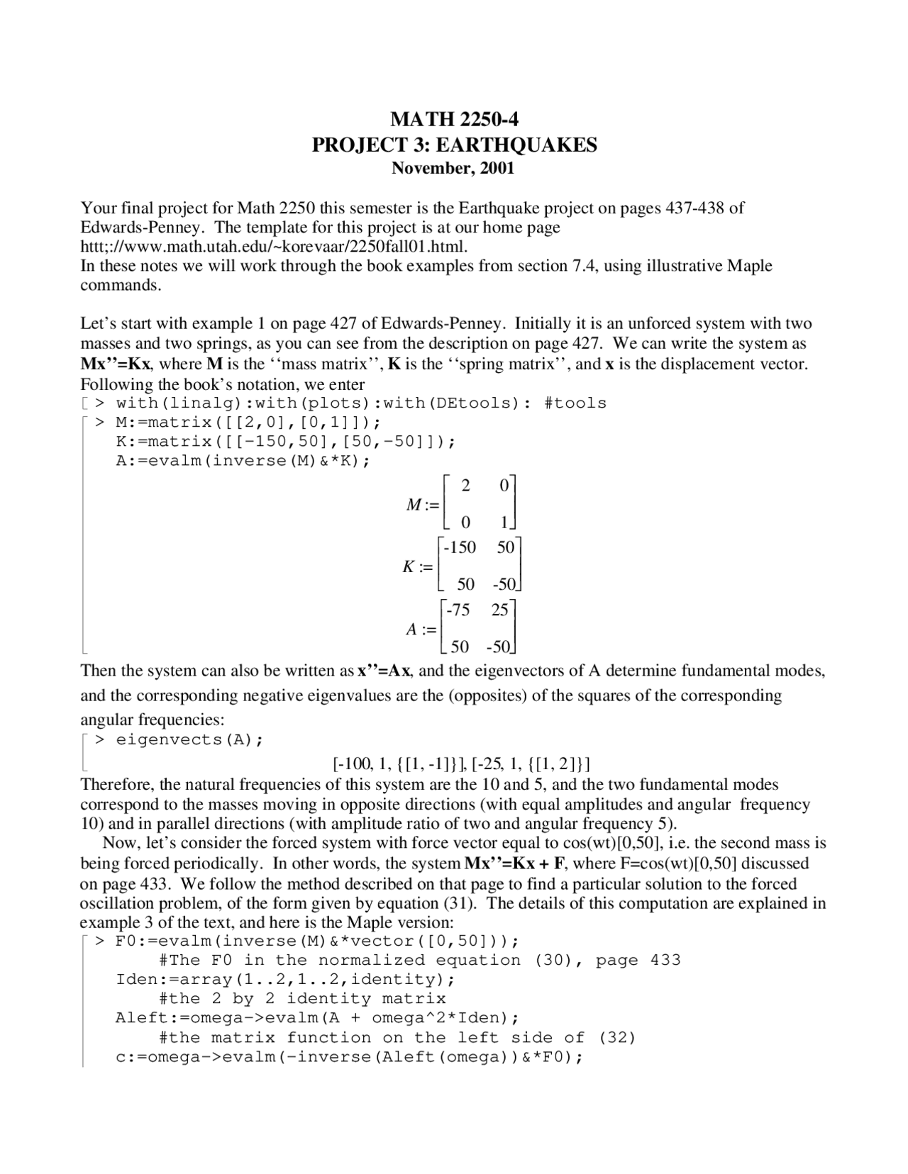 Project 3 On Earthquakes Differential Equations And Linear Algebra