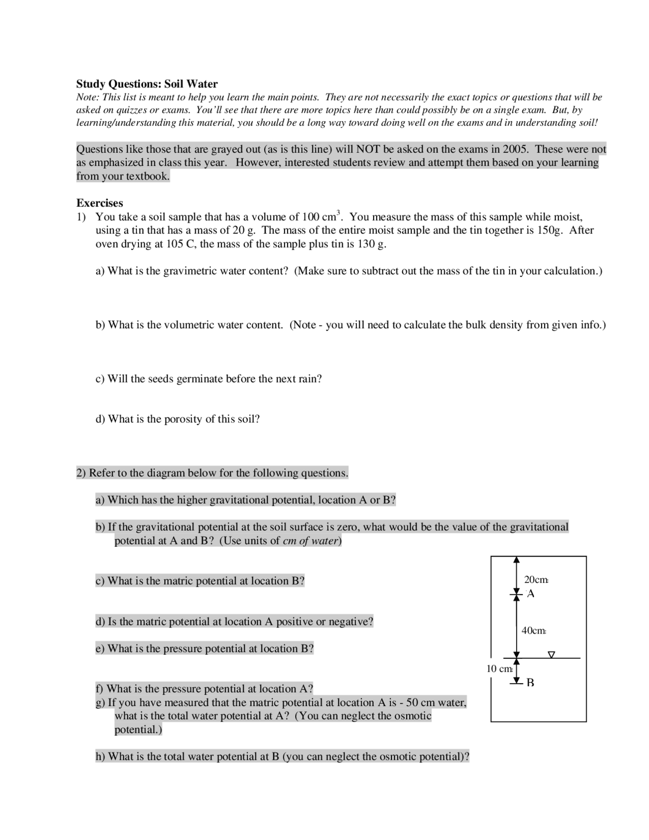 Study Questions on Soil Water - Soil: A Living System | SoilS 201 - Docsity