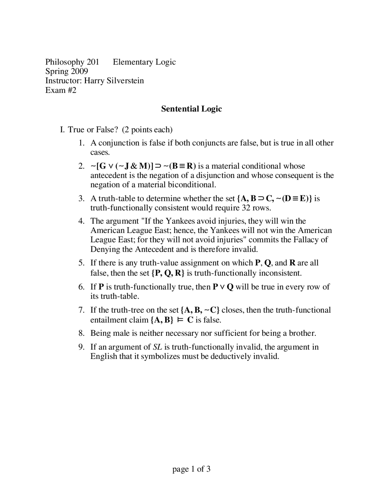 Sentential Logics Exam 2 Elementary Logic For Honors Phil 201
