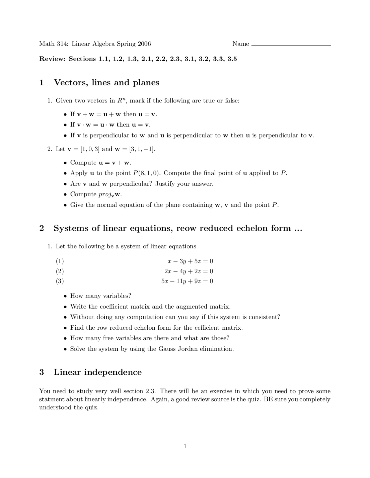 Vectors Lines And Planes Matrices Quiz 1 Math 314 Docsity