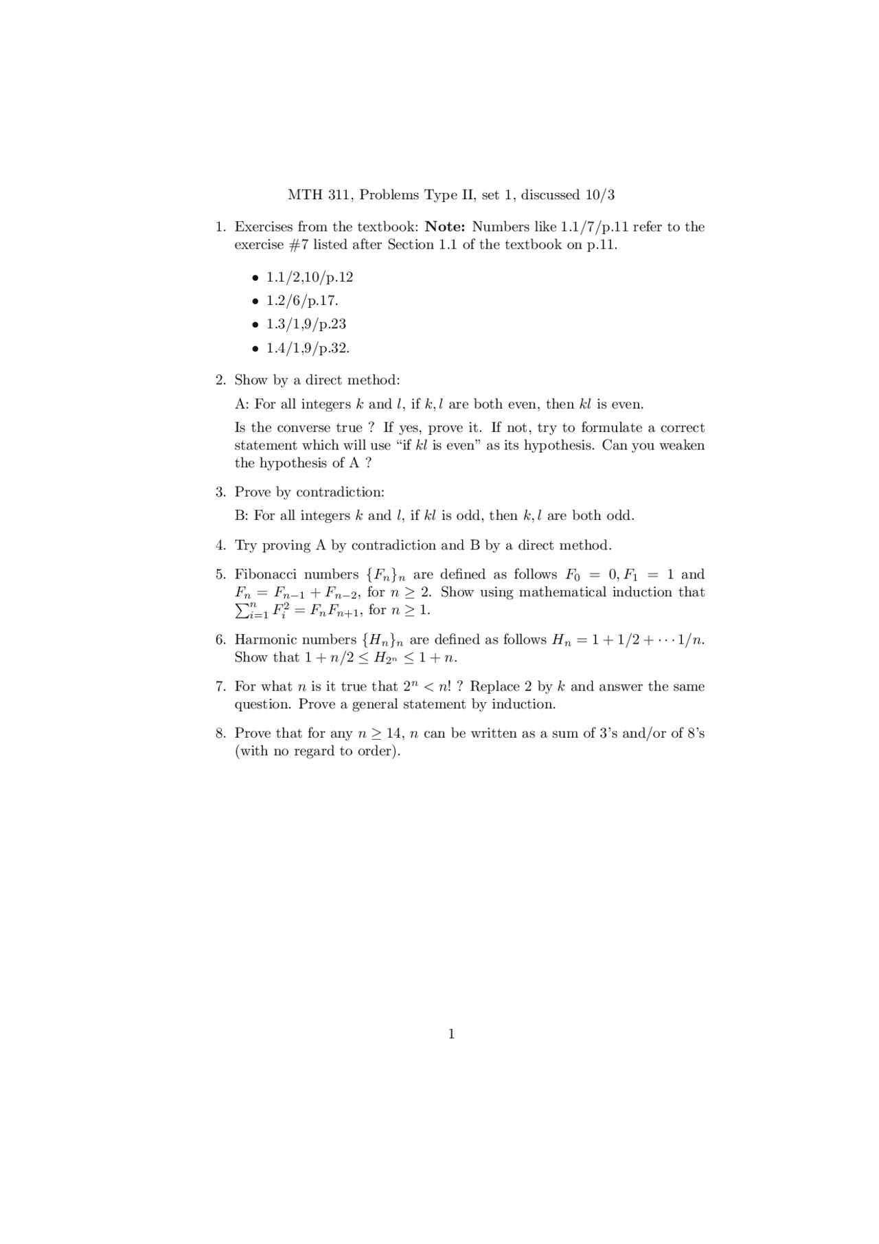 MTH 311 Problem Set 1: Mathematical Proofs and Inductions | Assignments ...