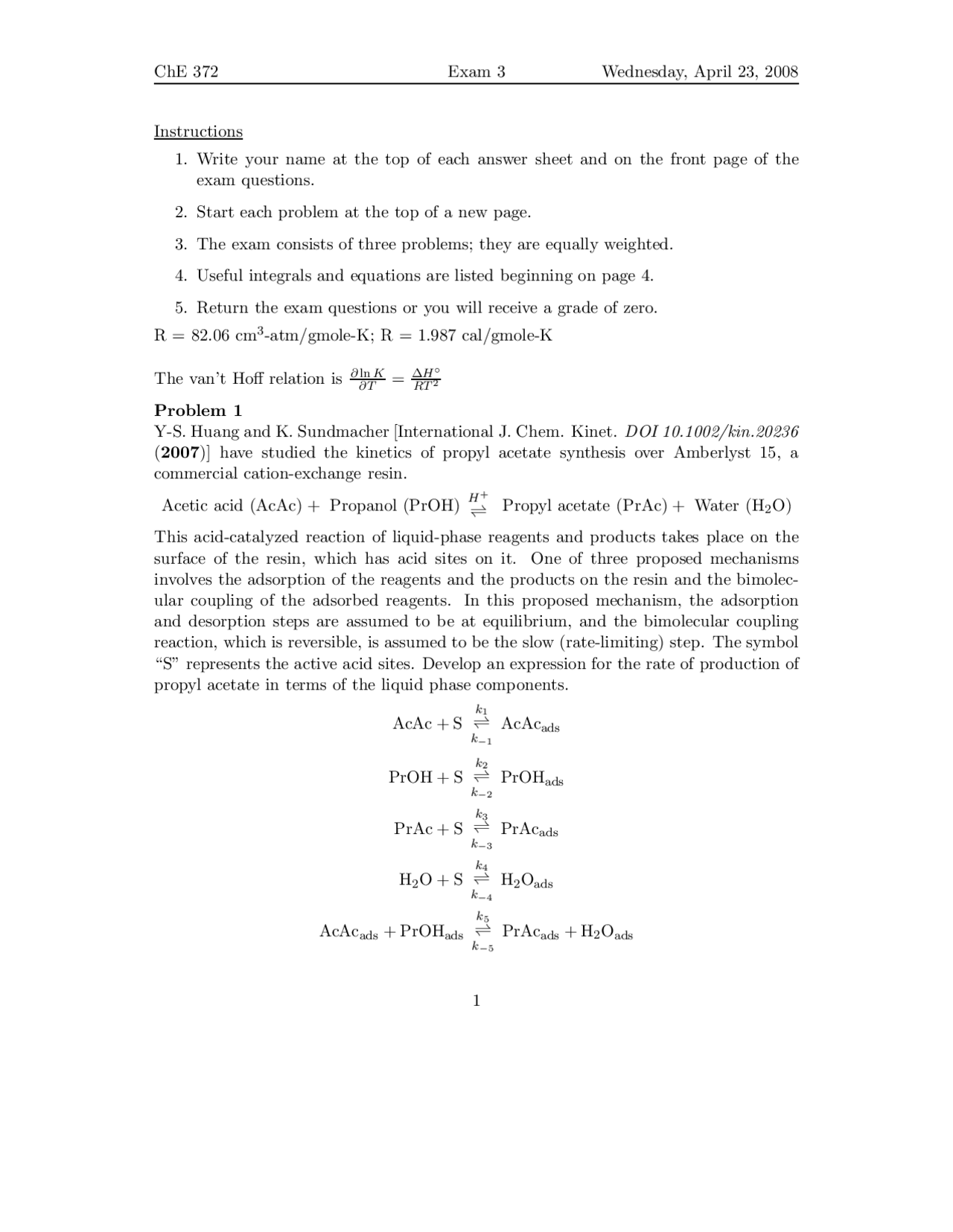 Exam 3 Questions With Formulas Sheet Chemical Reactor Analysis And