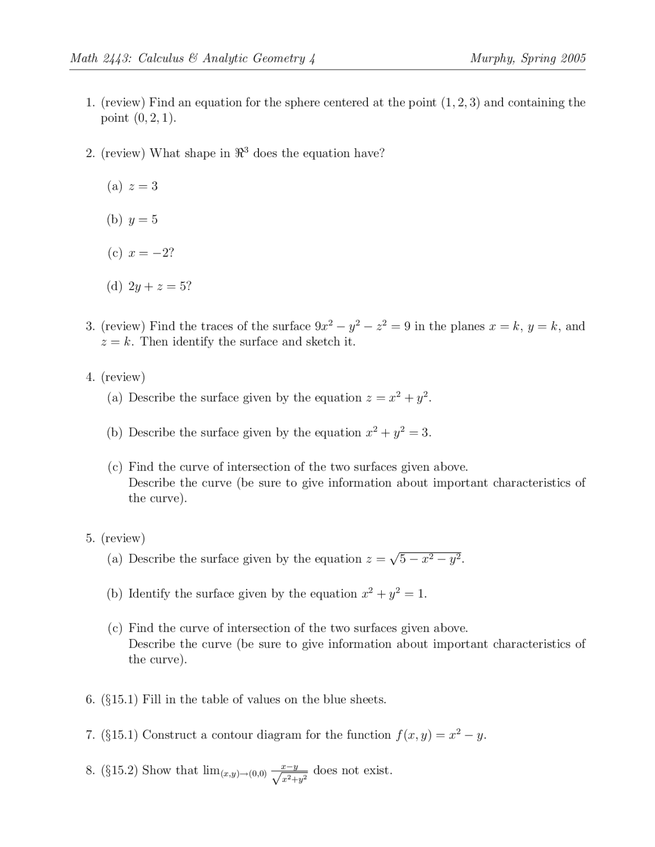 Review Sheet For Calculus And Analytic Geometry Iv Math 2443 Docsity