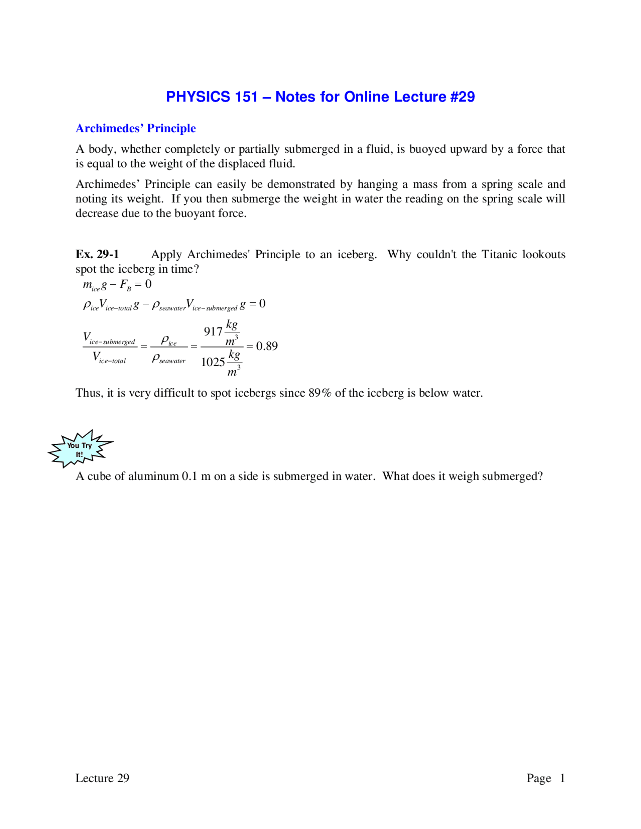 Archimedes Principle - Elements of Physics - Notes | PHYS 151 - Docsity