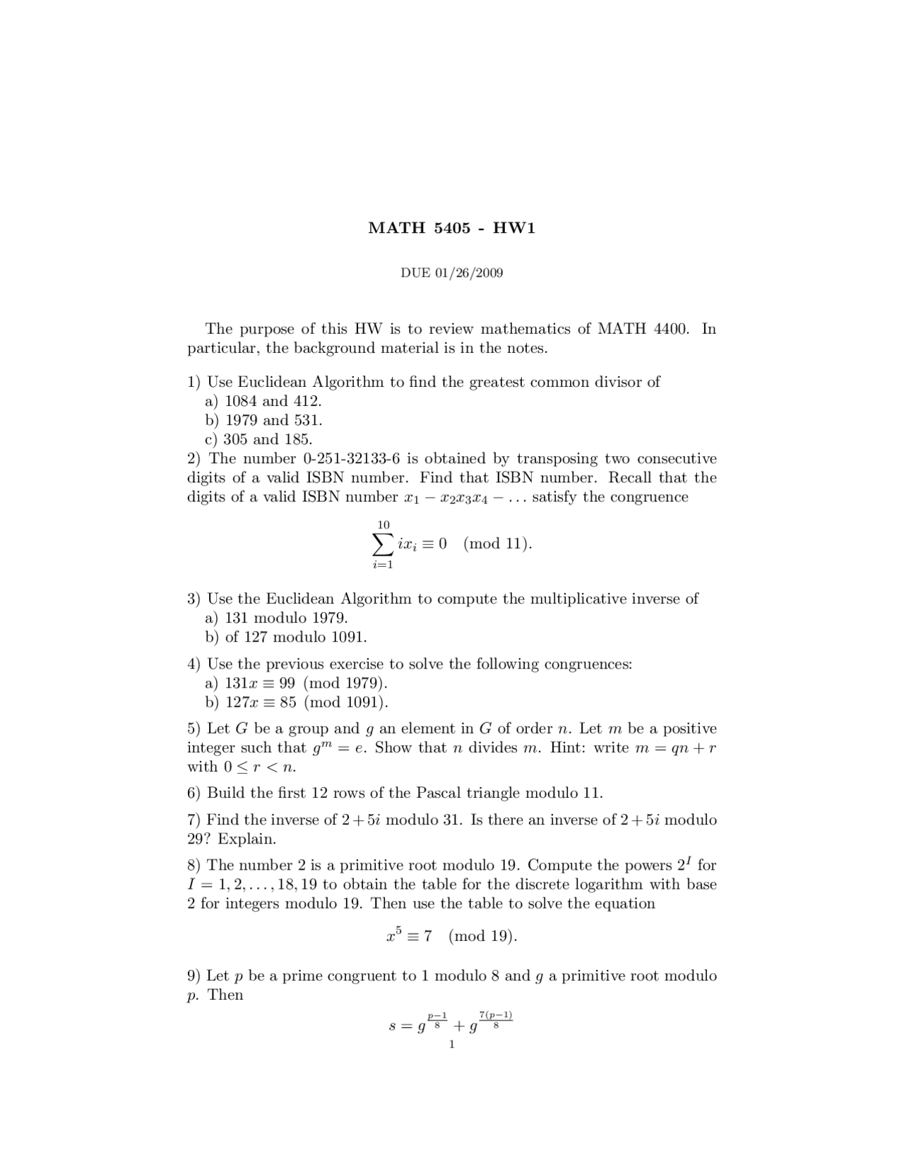 Homework 1 Problems for Introduction To Number Theory | MATH 4400 | Assignments Number Theory ...