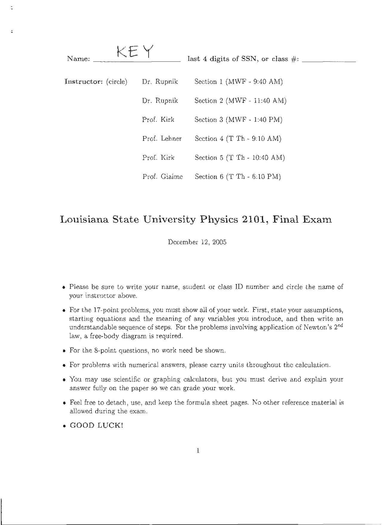 Final Exam Answers Key - General Physics for Technical Students | PHYS 2101 - Docsity