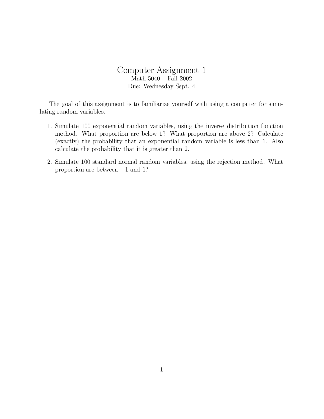 Computer Assignment 1 Stochastic Processes And Simulation I Math