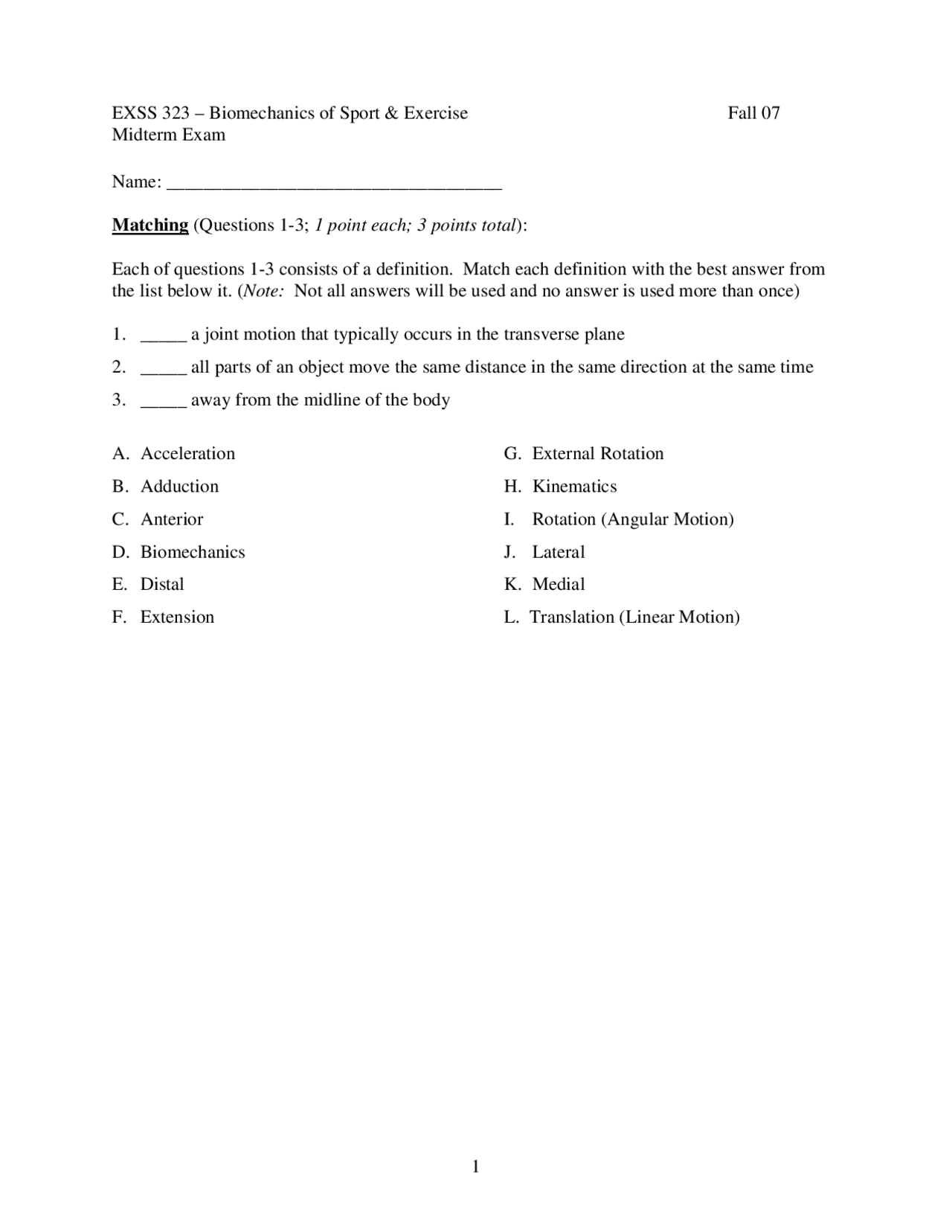 Midterm Exam Practice Questions for Biomechanics of Sport and Exercise ...