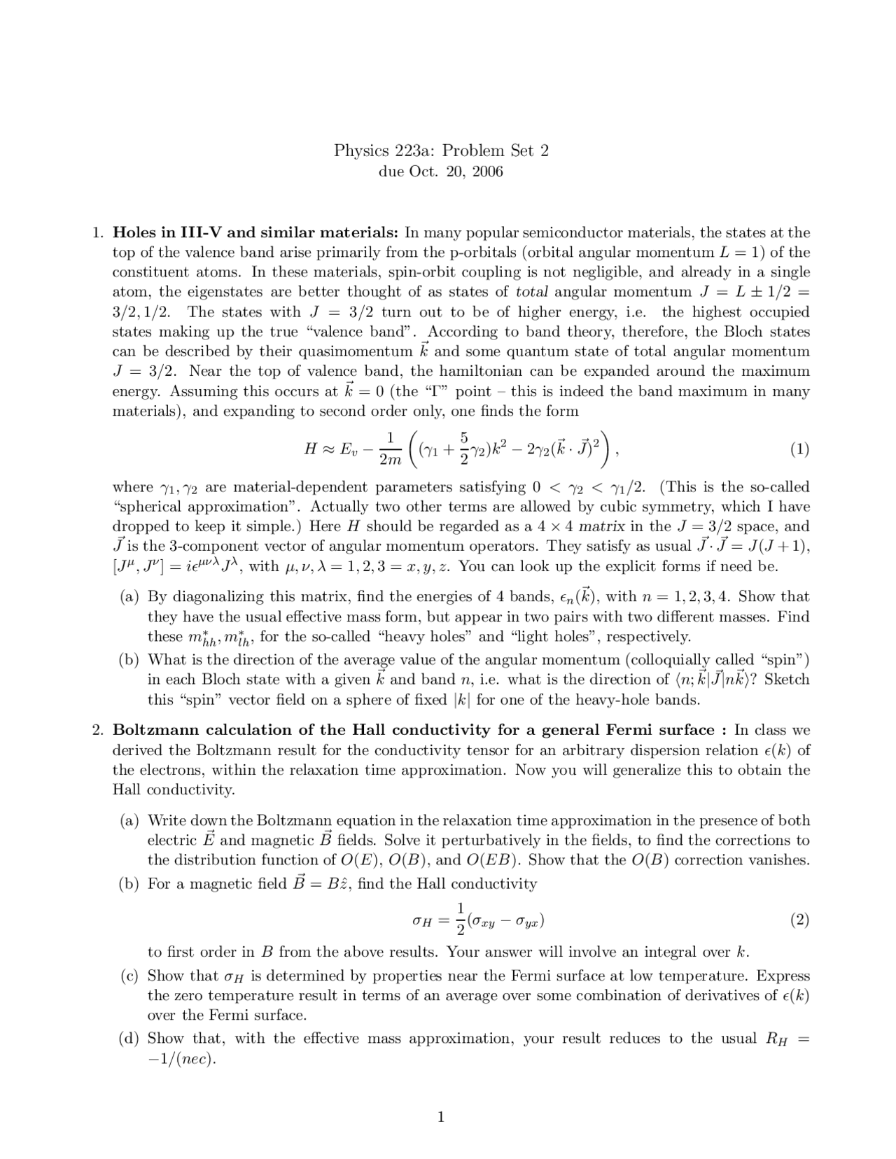 Problem Set 2 on Holes in III-V and Similar Materials and Boltzmann Calculation of Hall ...