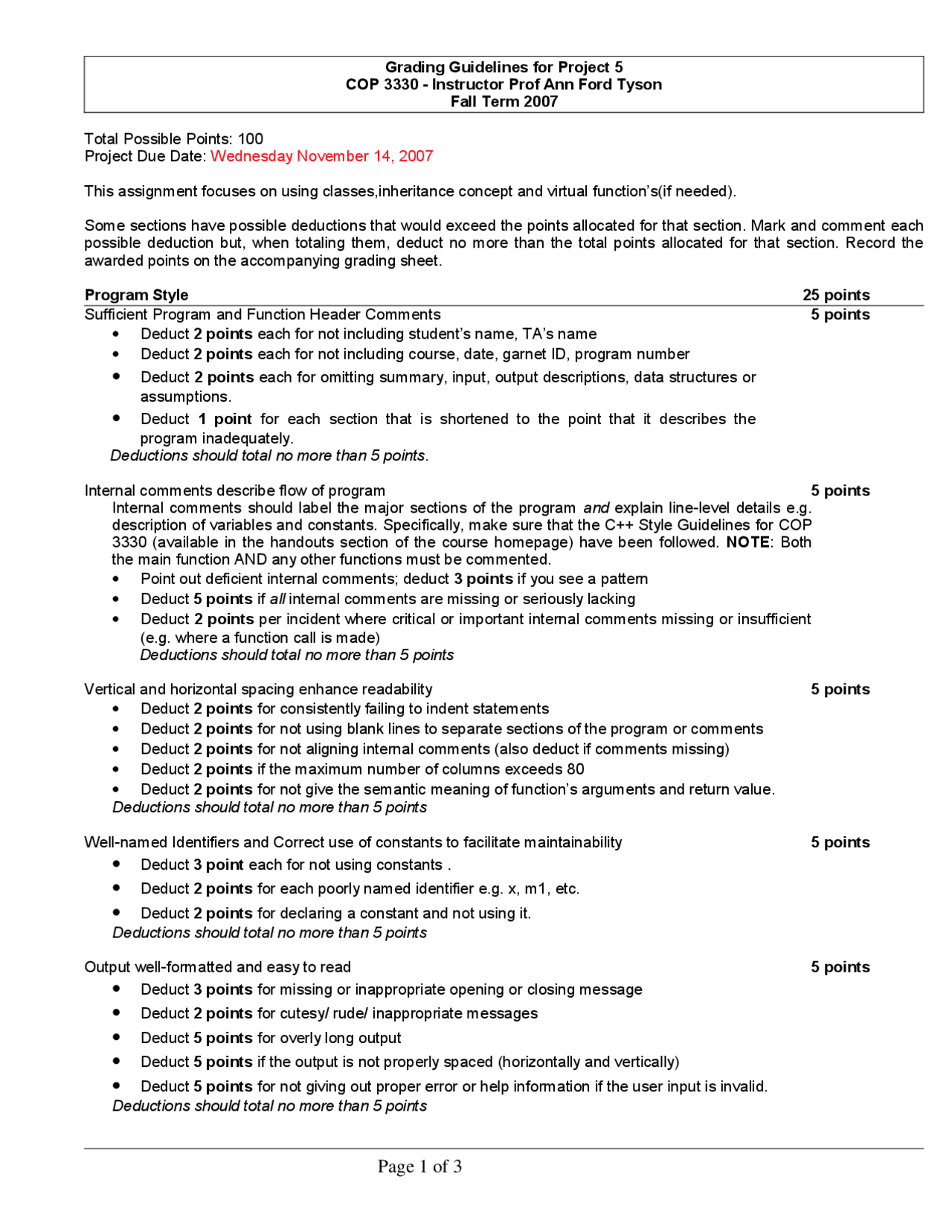 Grading Guidelines for Project - Programming | COP 3330 - Docsity
