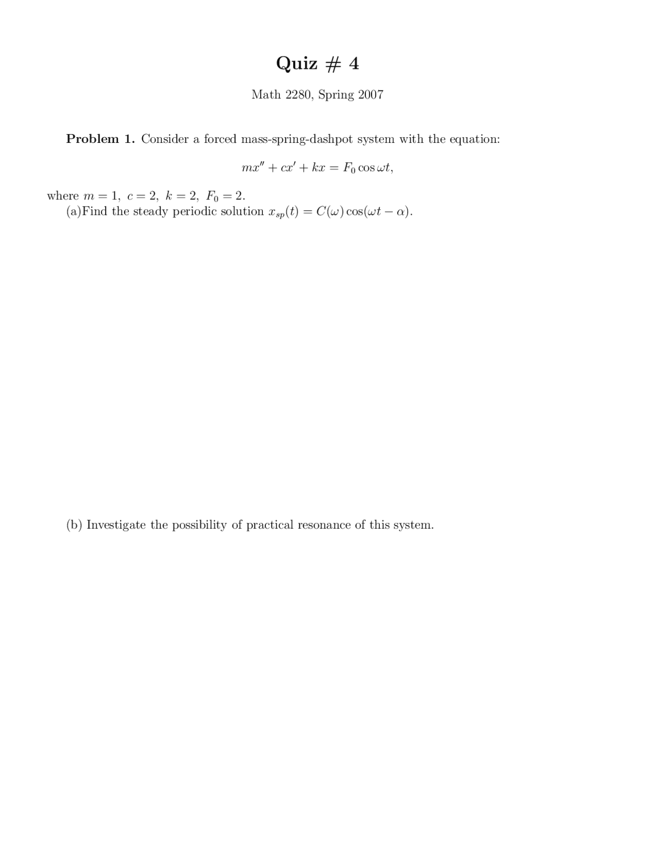 Quiz 4 Review Problems - Introduction to Differential Equations | MATH 2280 | Quizzes ...