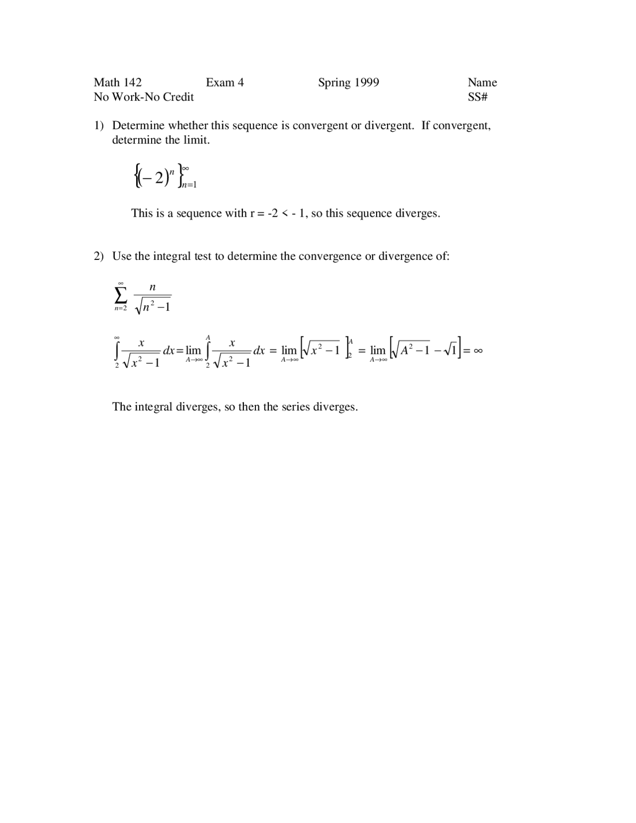Convergence Divergence Exercise Exam Questions Calculus Ii Math