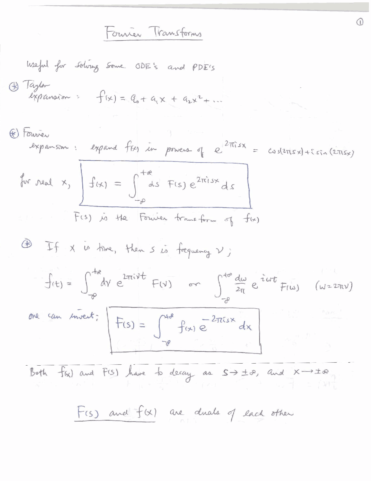 Handwritten Notes On Fourier Transforms Biomath 0201 Docsity
